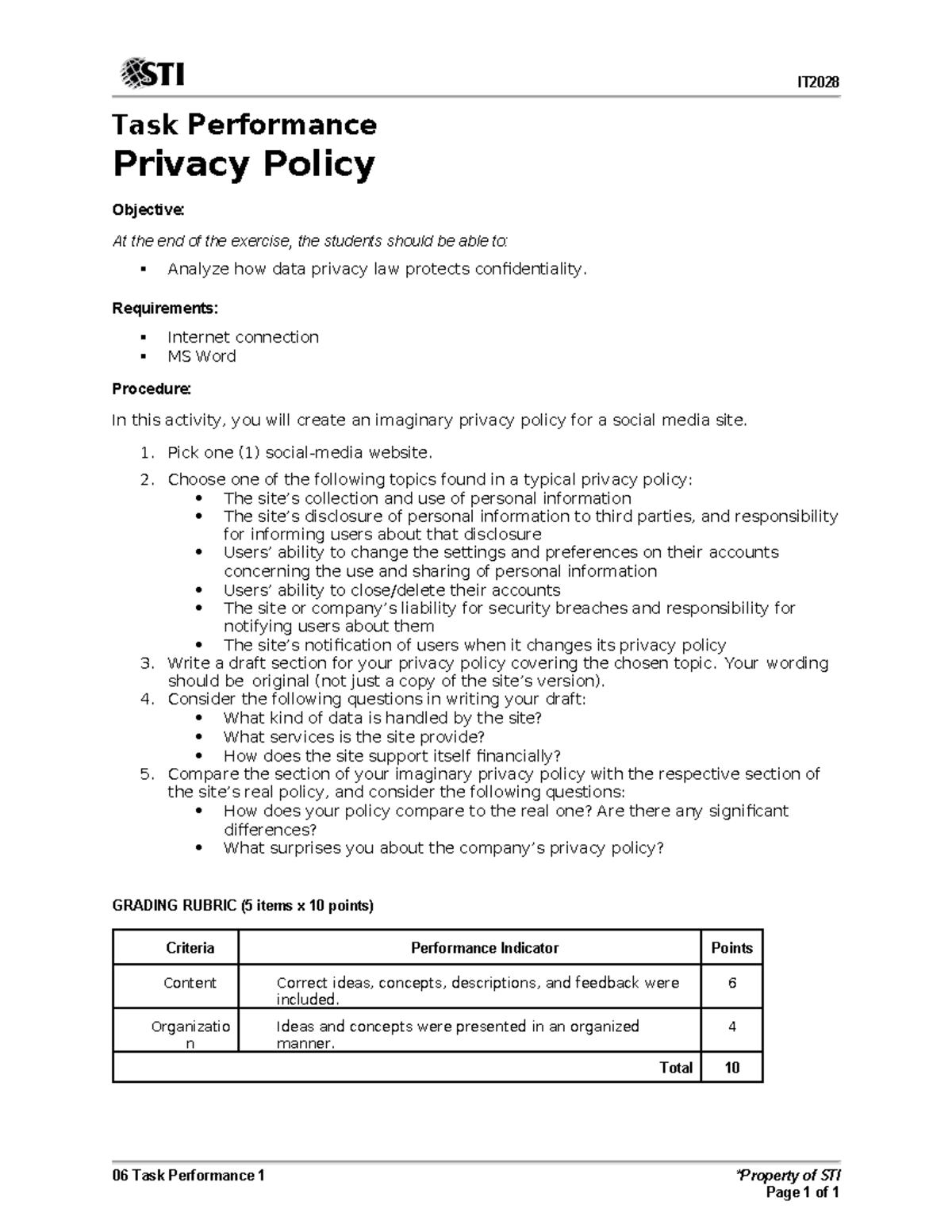 06 Task Performance 1: Creating an Imaginary Privacy Policy Analysis ...
