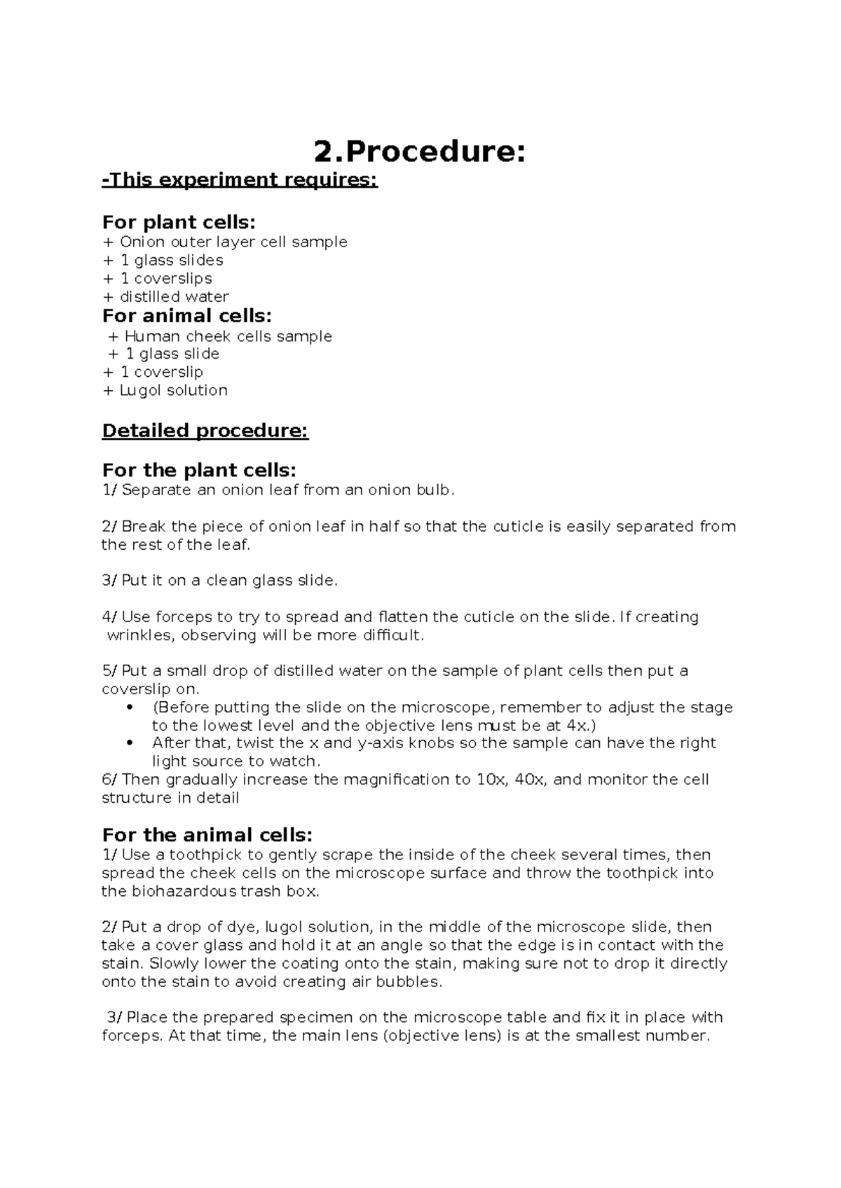 Lab Report: Bio 101 - Plant & Animal Cell Experiment Procedures - Studocu