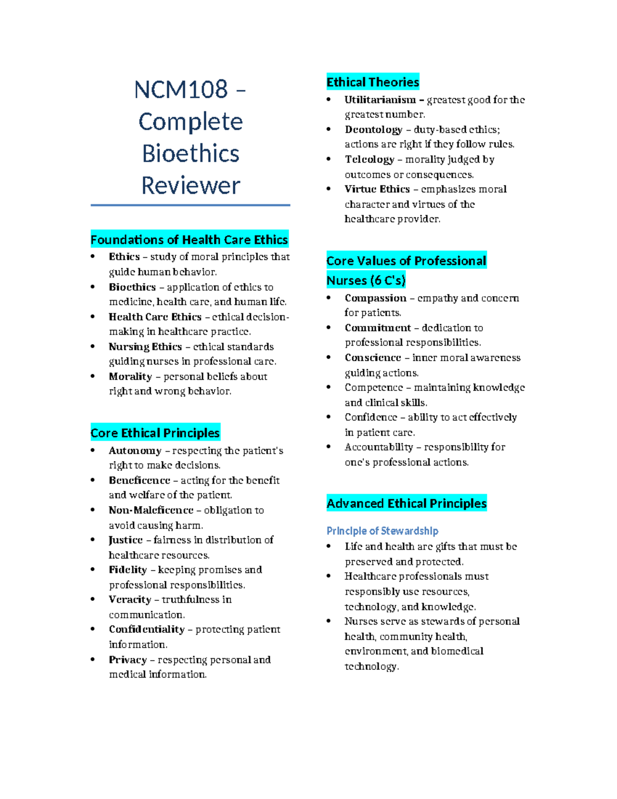 NCM108 Bioethics Complete Reviewer: Ethical Theories & Principles - Studocu