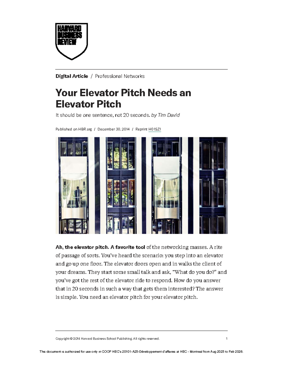 H01SZ1 Digital Article: Mastering Your Elevator Pitch Essentials - Studocu