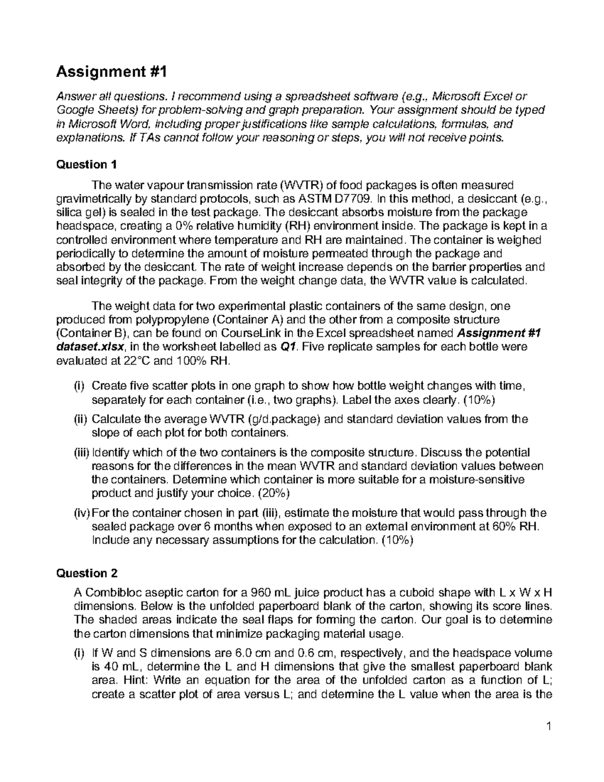 Assignment 1 - Food Packaging WVTR Analysis and Calculations - Studocu