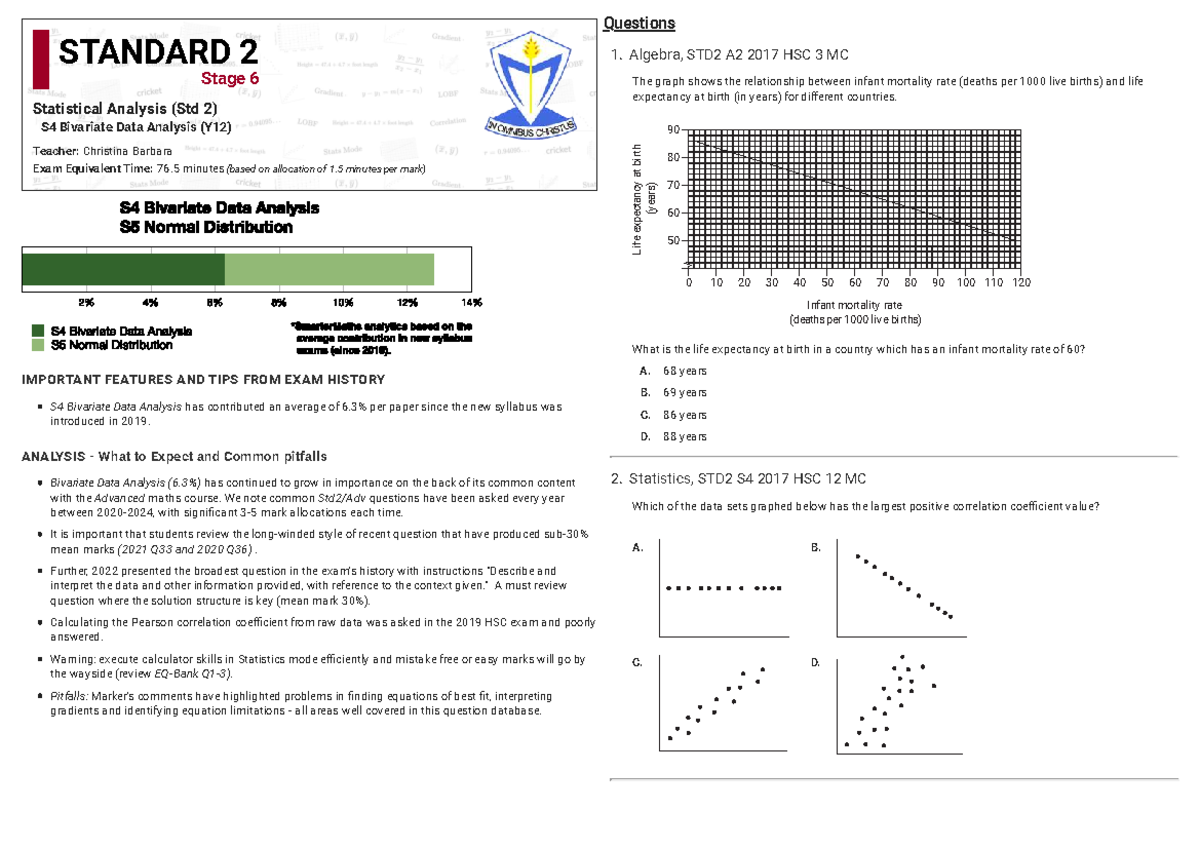 Statistics STD2 S4 Bivariate Data Analysis Exam Prep Guide - Studocu