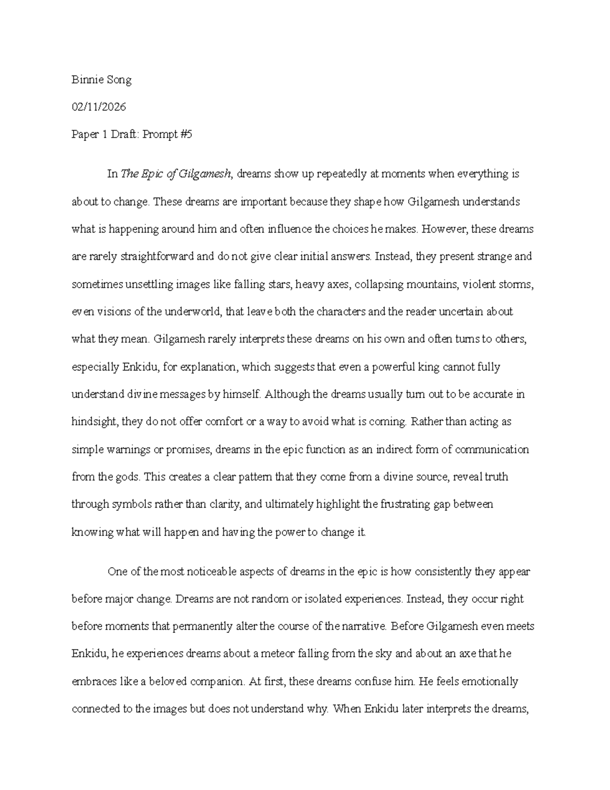 COLI 220 Paper 1 Draft: The Role of Dreams in The Epic of Gilgamesh ...