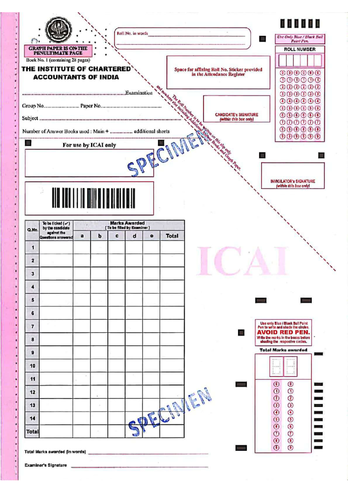 ICAI Exam Roll No. Specimen Format for First Page - Studocu