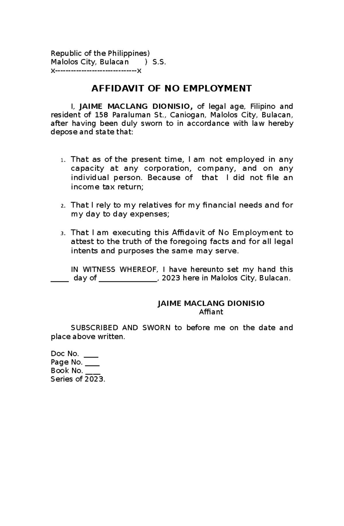 Affidavit of No Employment - Jaime Maclang Dionisio - Studocu