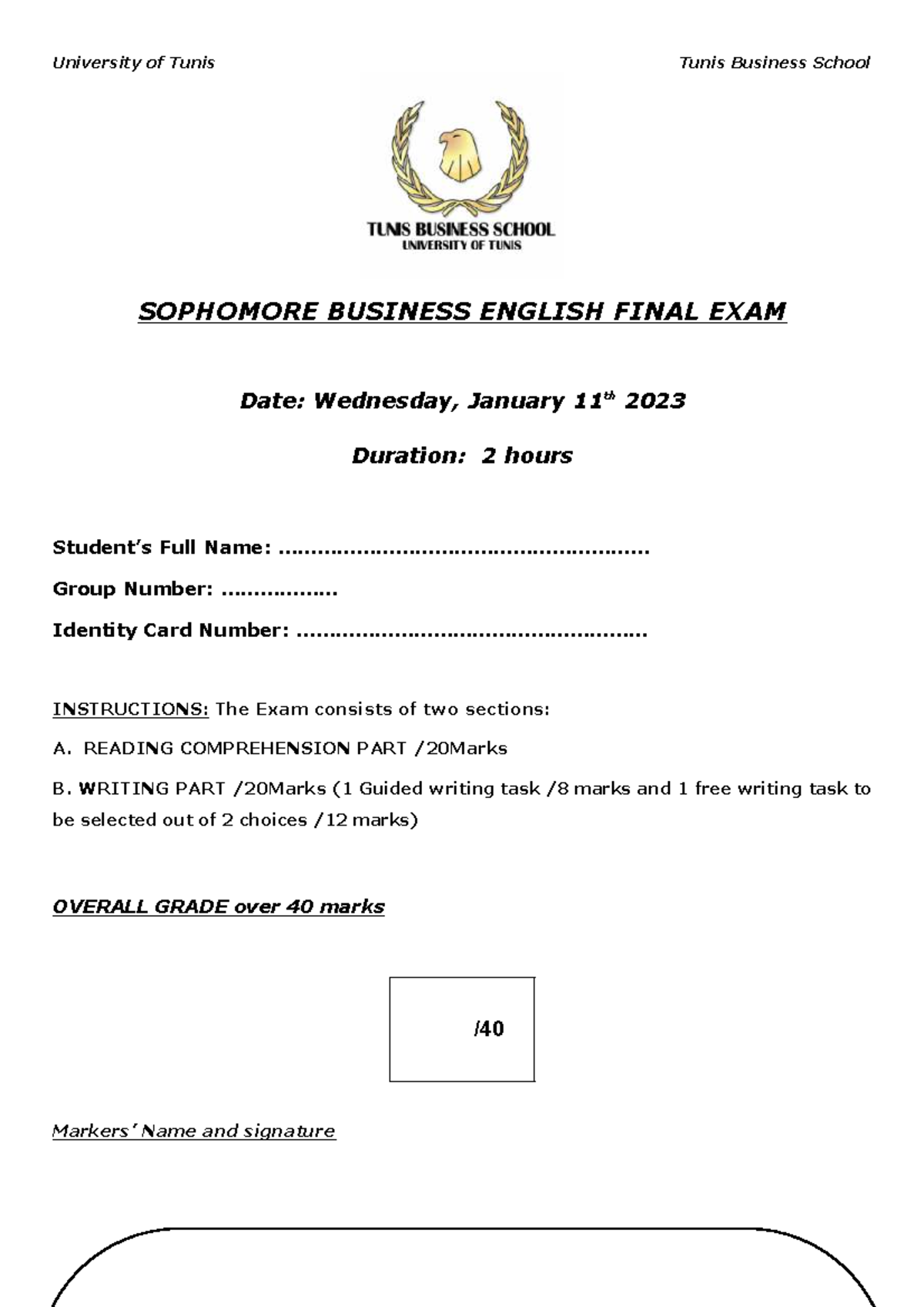 SOPHOMORE BUSINESS ENGLISH FINAL EXAM - University of Tunis - Studocu