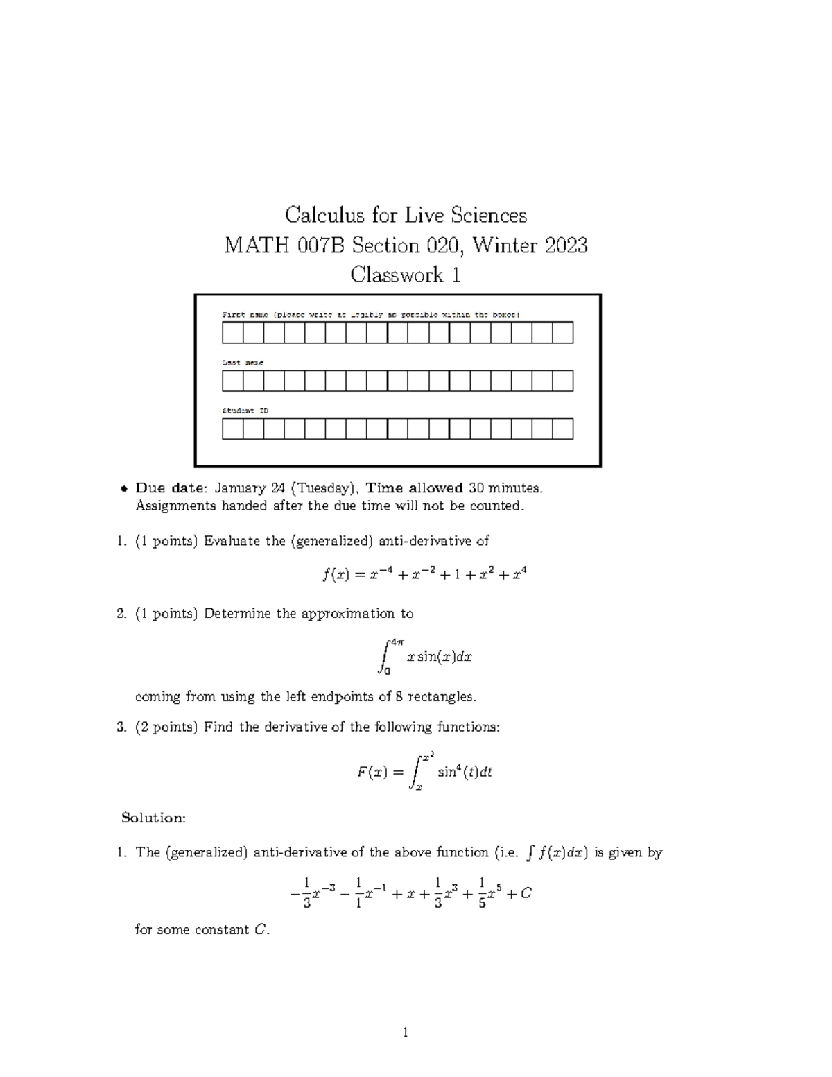 Math07b classwork 1 solution - Calculus for Live Sciences MATH 007B ...