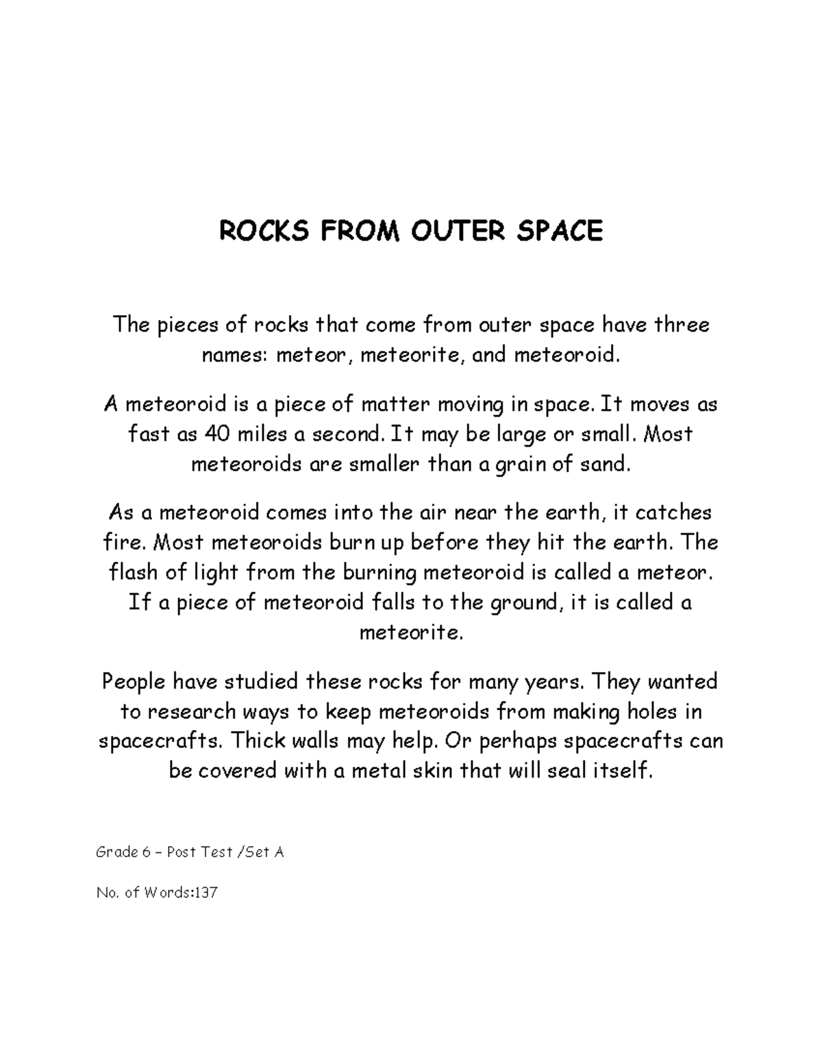 Rocks from Outer Space: Study Guide for Grade 6 Post Test - Studocu