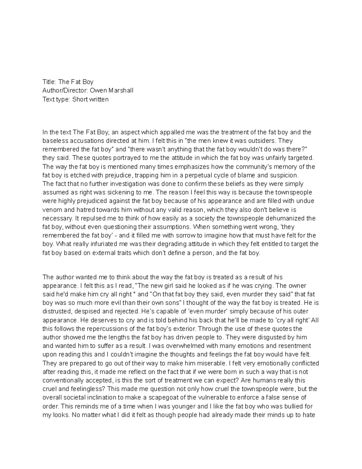 Title: Personal Response to "The Fat Boy" - Analysis and Reflection ...