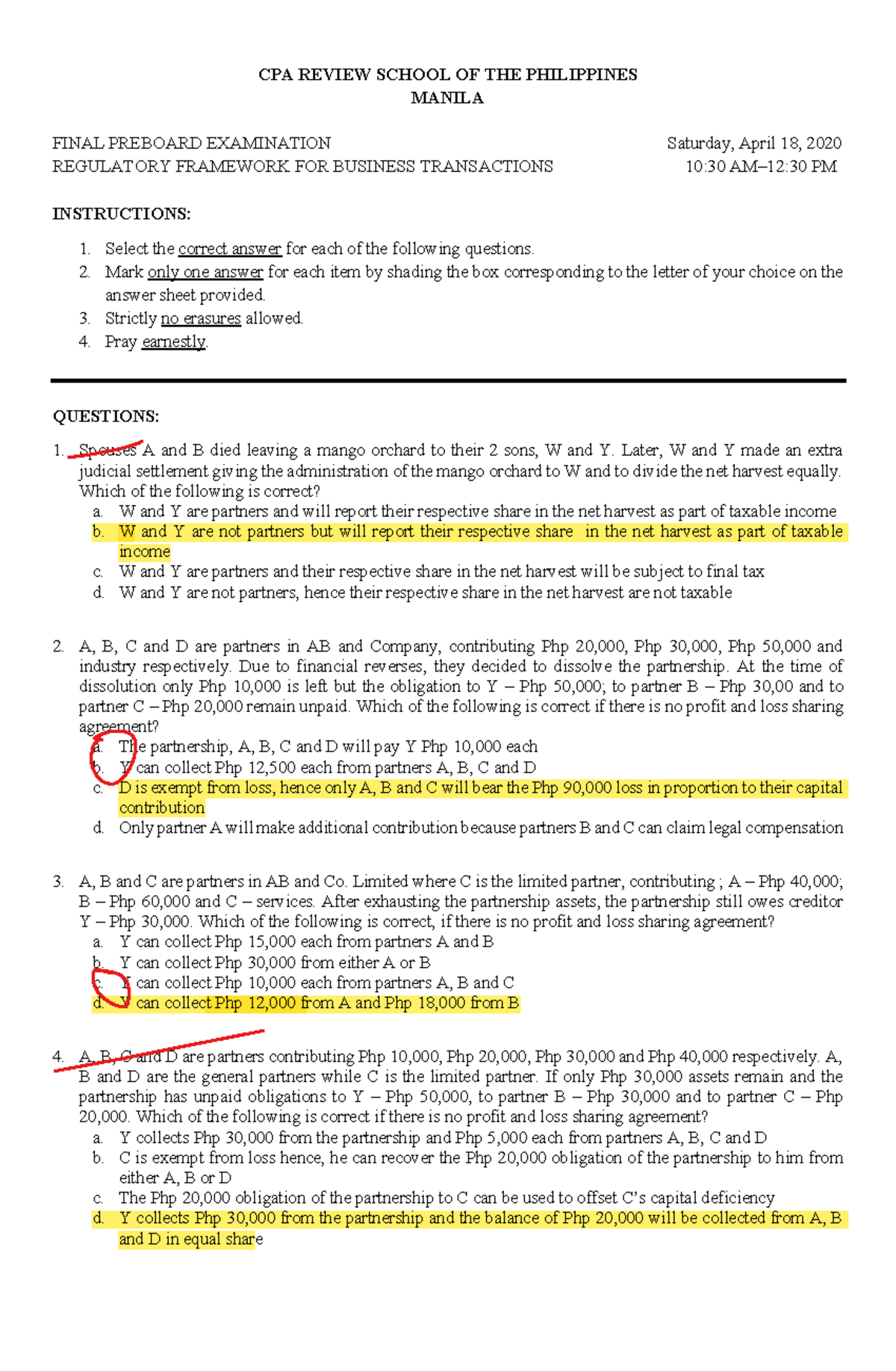RFBT-Final Preboard - Practice Materials - CPA REVIEW SCHOOL OF THE PHILIPPINES MANILA FINAL ...
