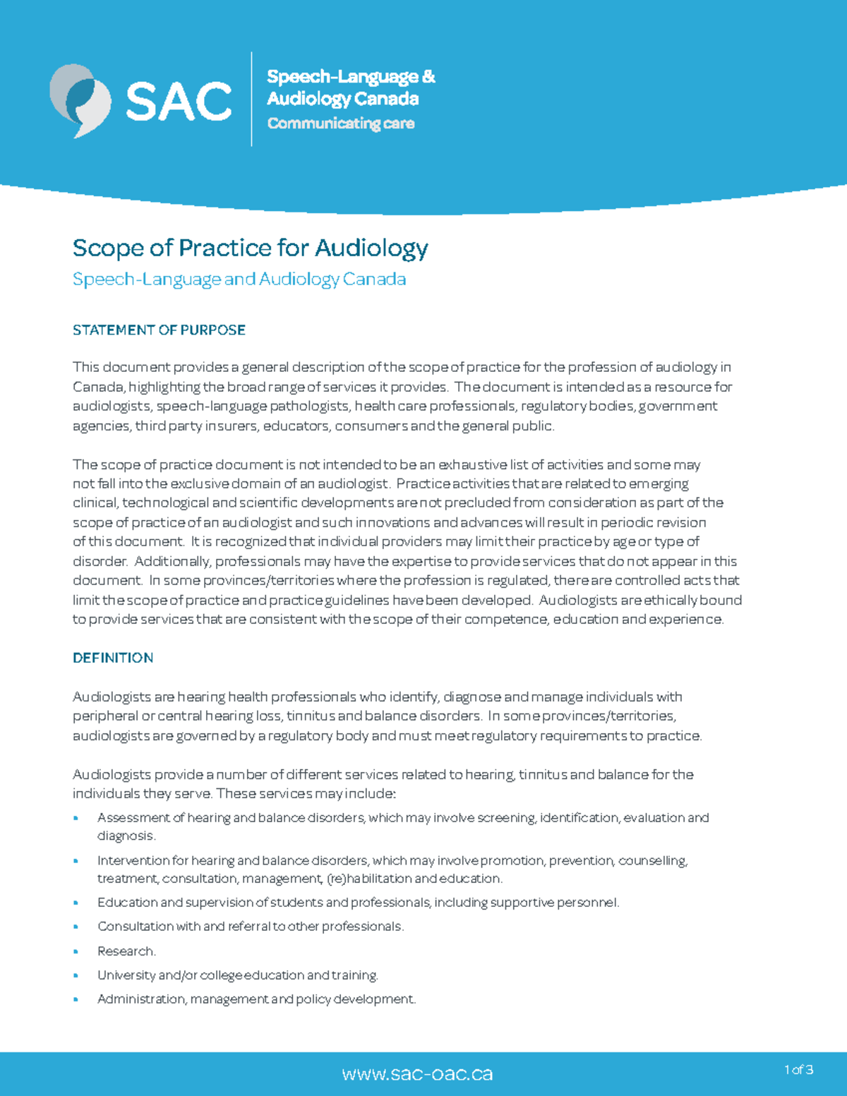Scope of Practice for Audiology in Canada: Overview and Roles - Studocu