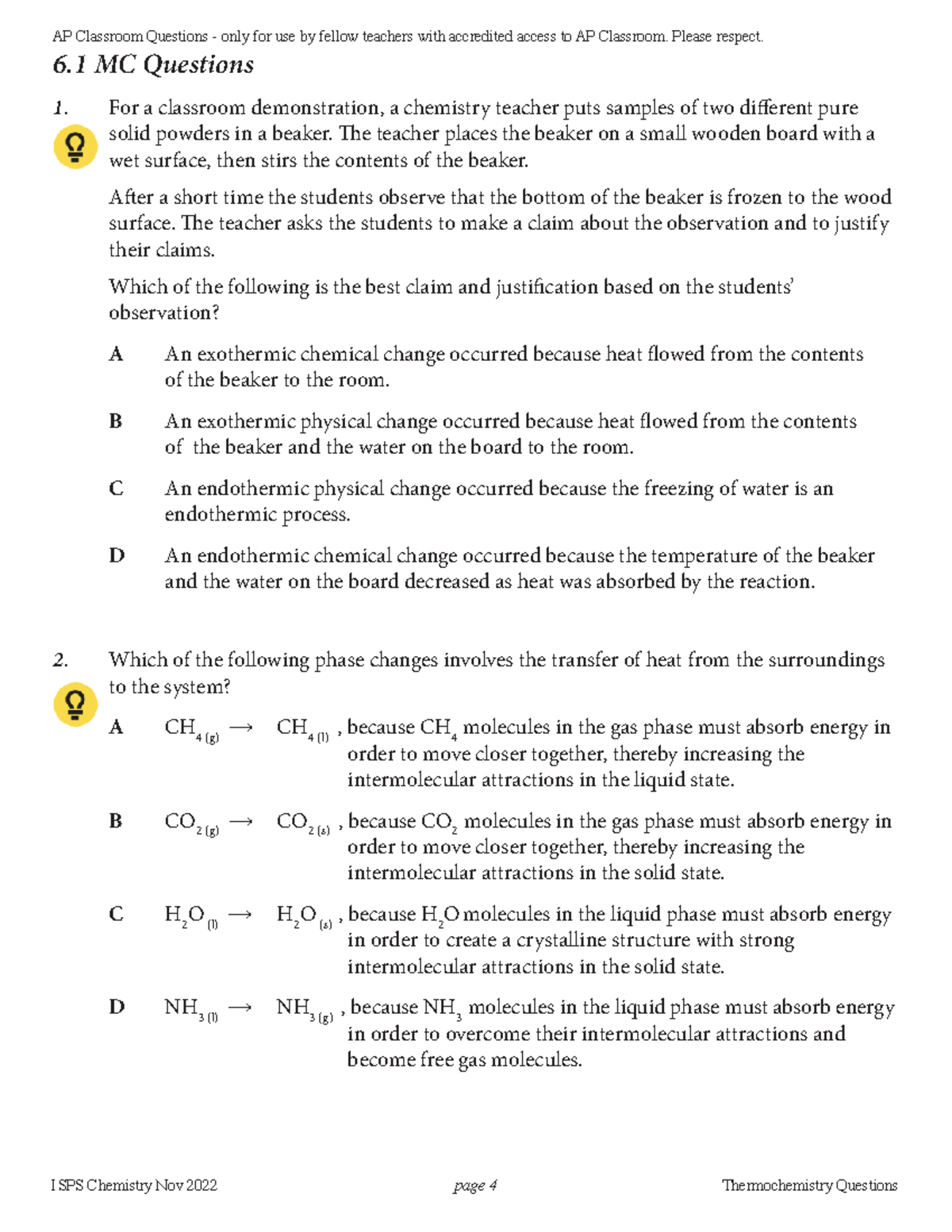 AP Chemistry Unit 6 Thermochemistry Questions for Teachers - Studocu