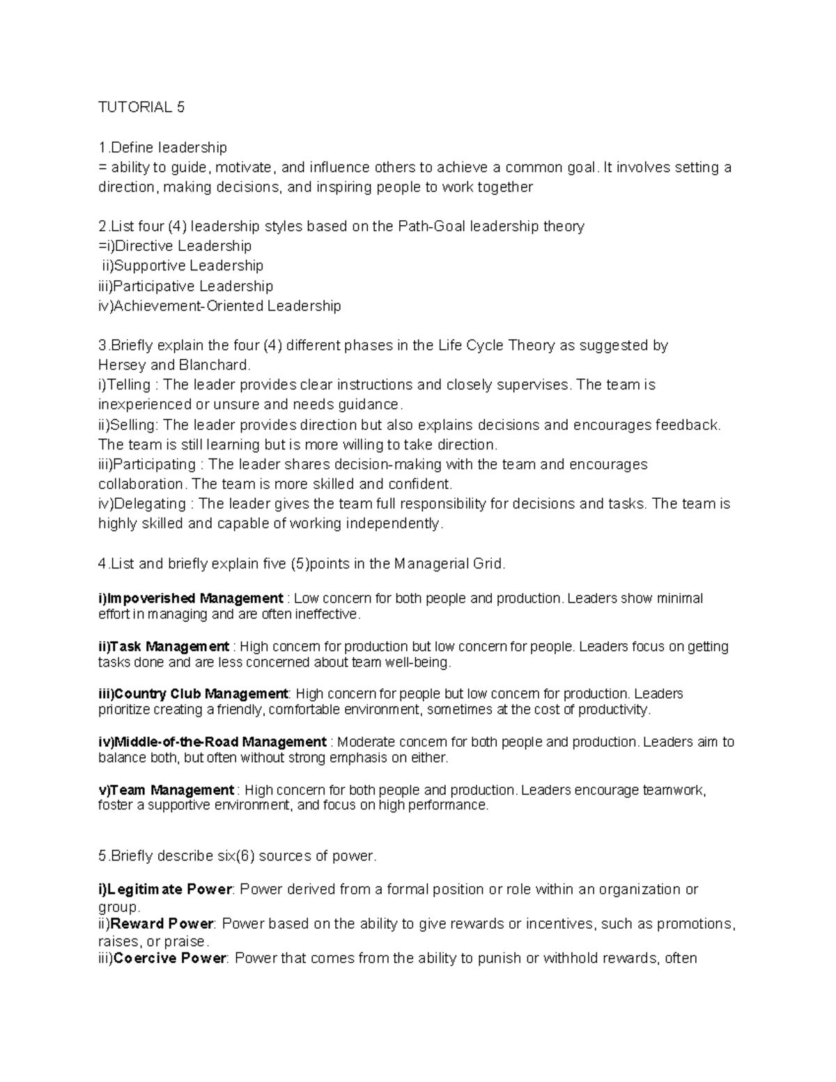 MGT162-Tutorial 6 - management - TUTORIAL 5 1 leadership = ability to ...