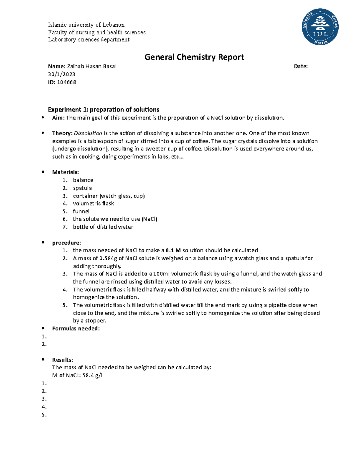 General Chemistry Lab Report 1: Solution Prep and Titration Experiments ...