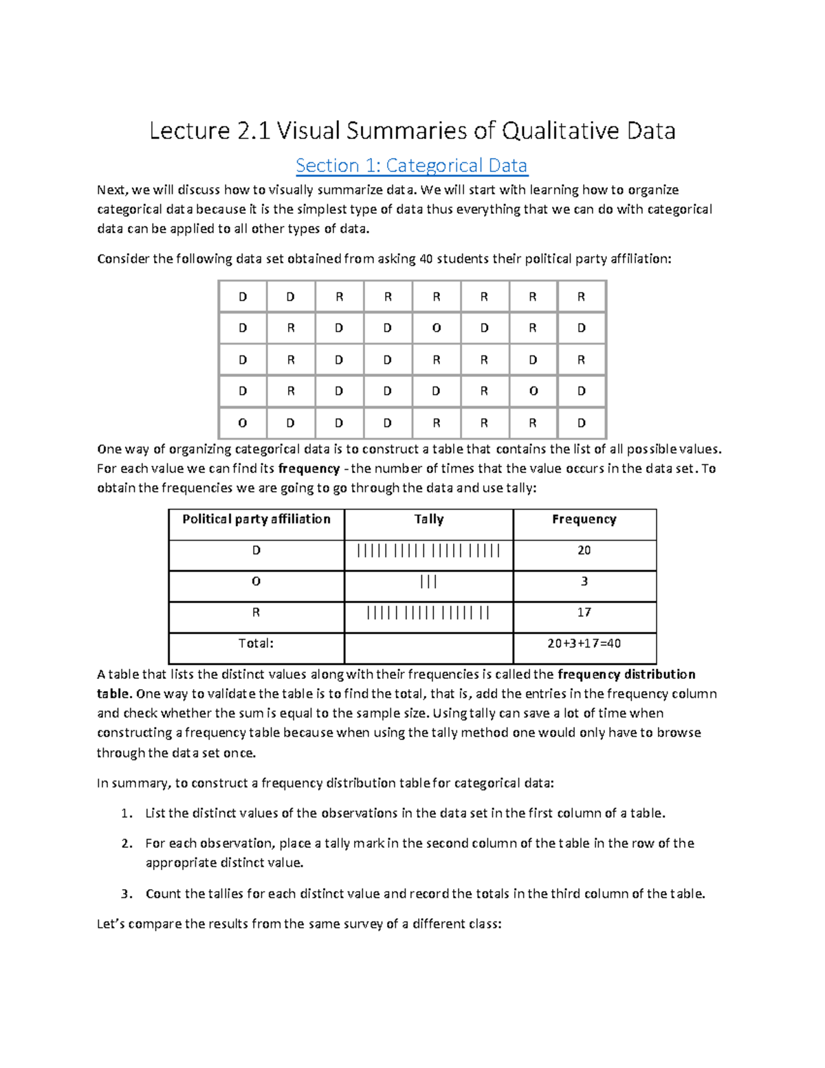 Lecture 2.1: Visual Summaries of Categorical & Ordinal Data Analysis - Studocu