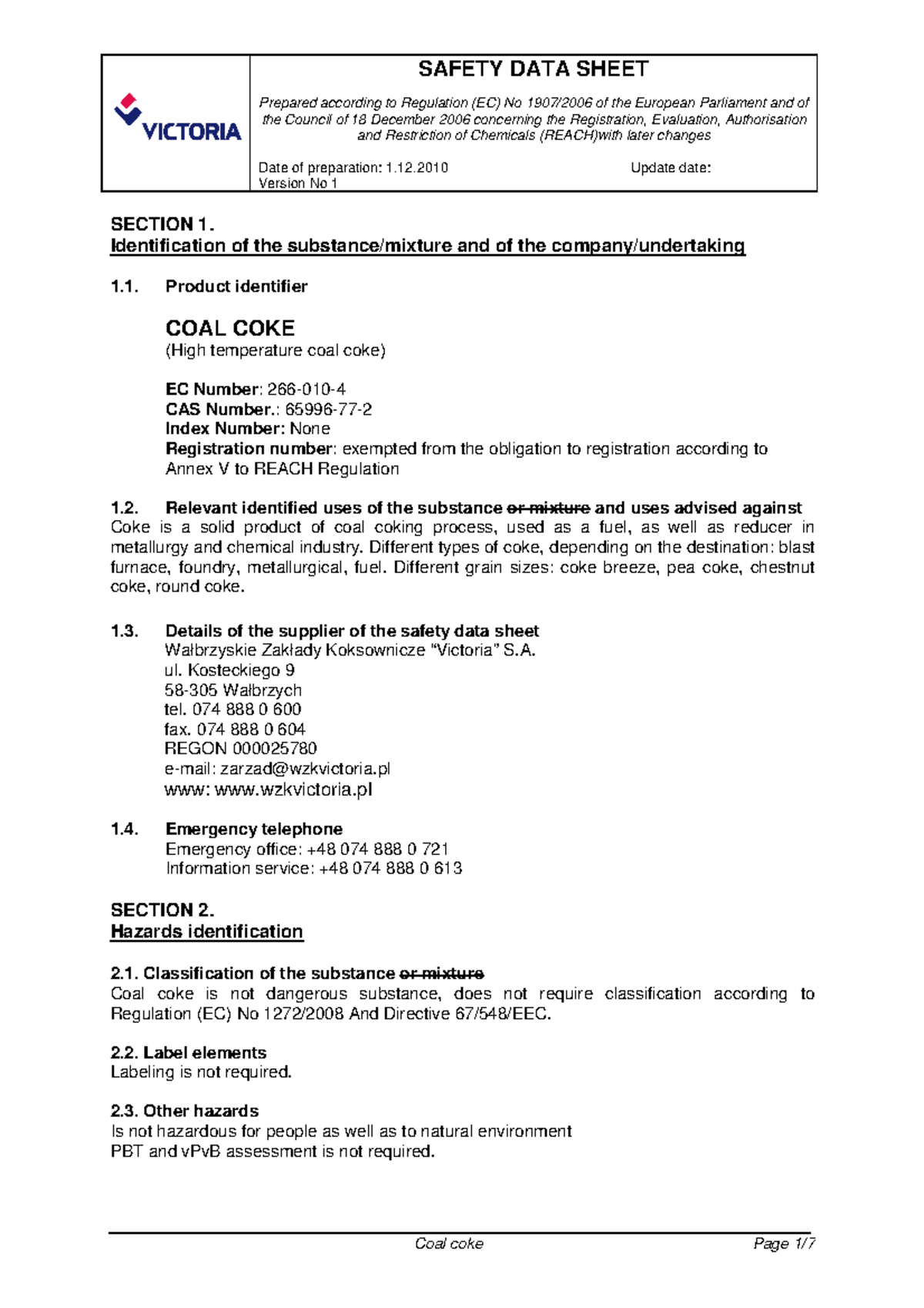 MSDS COAL COKE - 2013340726 - Prepared according to Regulation (EC) No ...