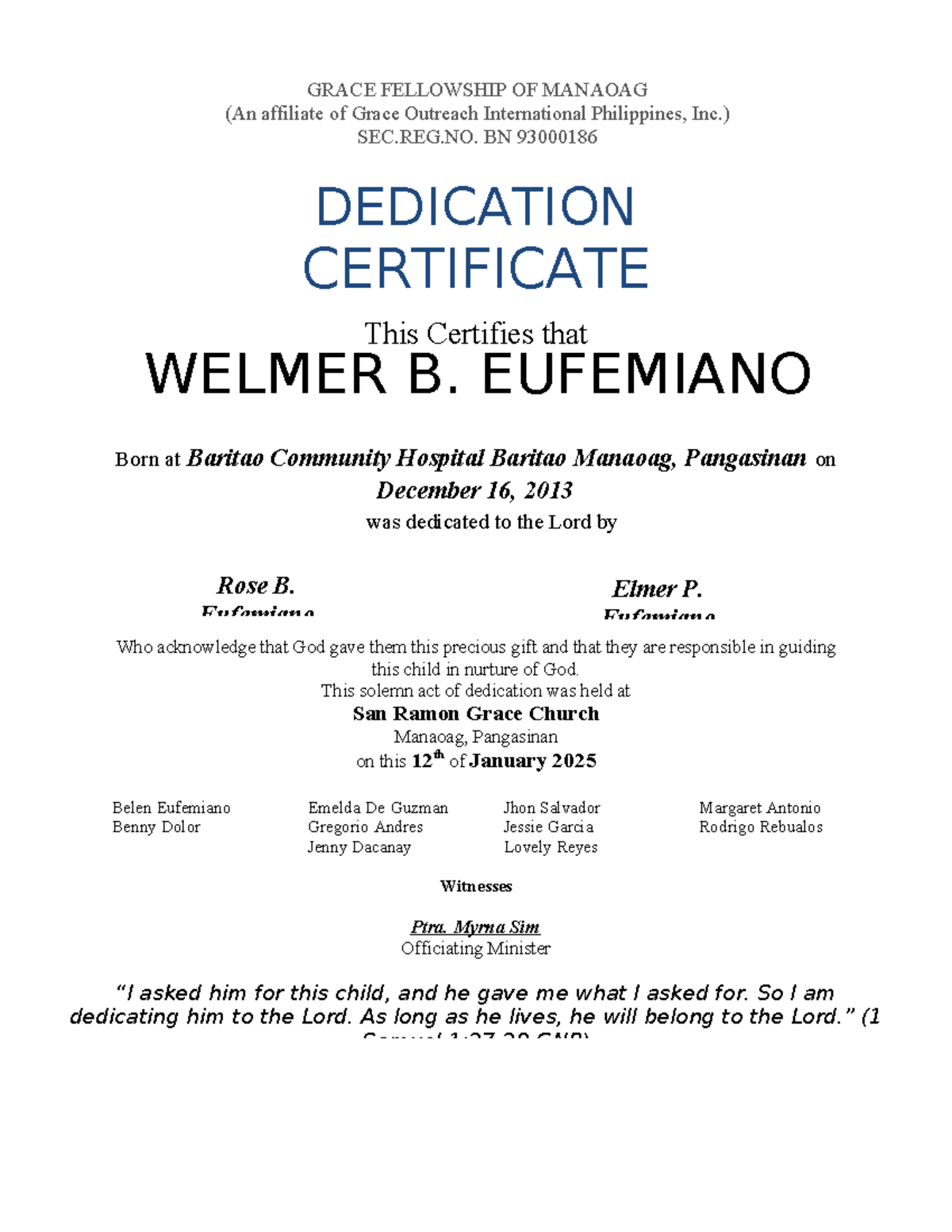 Dedication Certificate for Welmer B. Eufemiano - Grace Fellowship - Studocu