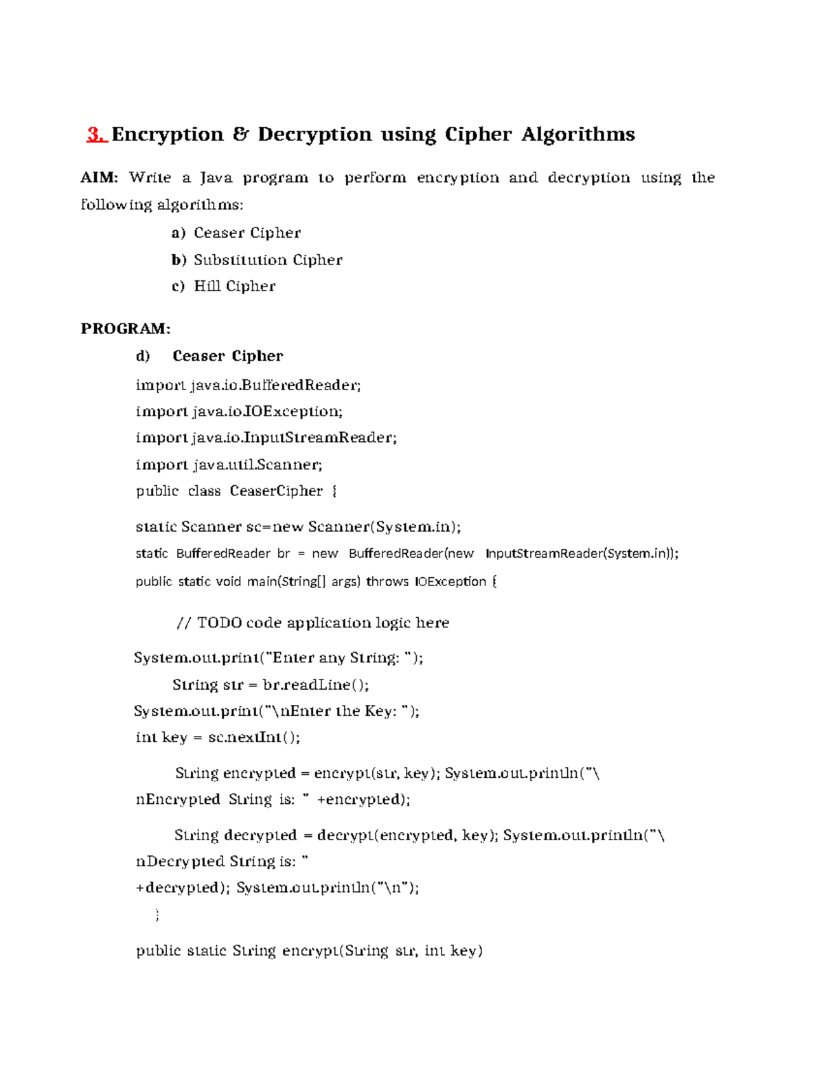 CNS LAB EXP-3.1, 3.b, 3 - easy for execution - 3. Encryption & Decryption using Cipher - Studocu