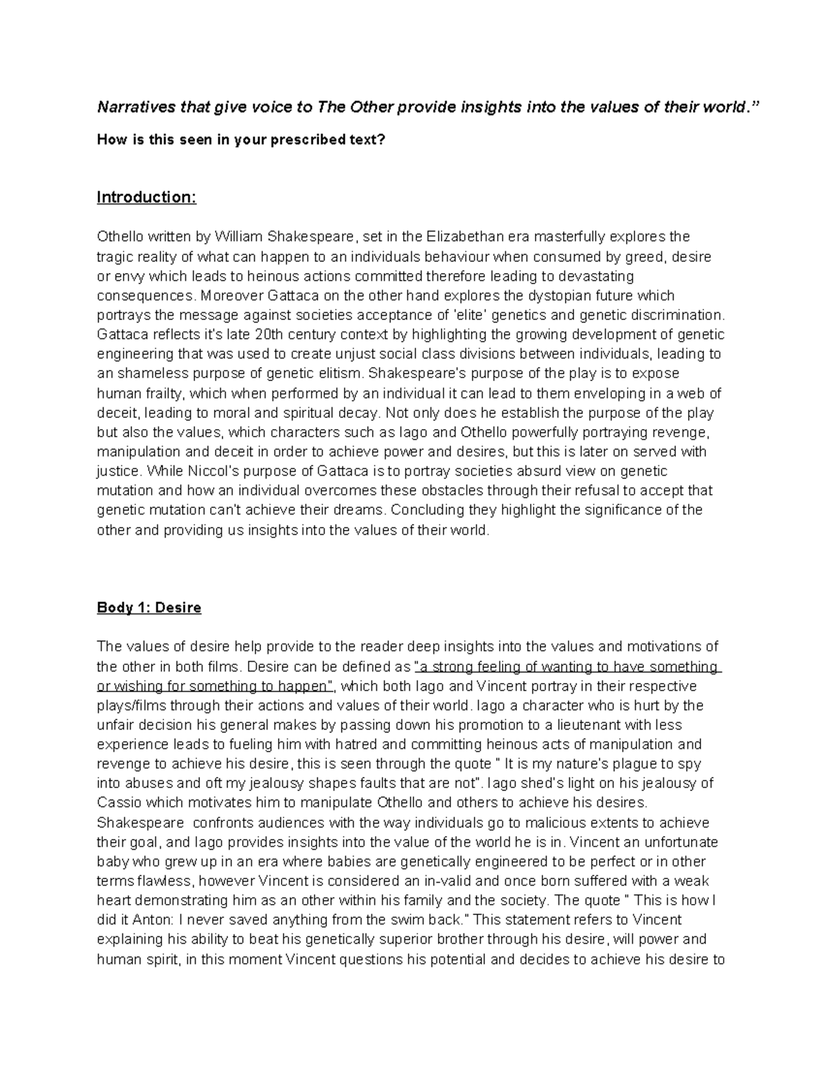Othello & Gattaca Essay Analysis: Exploring Themes of Desire ...