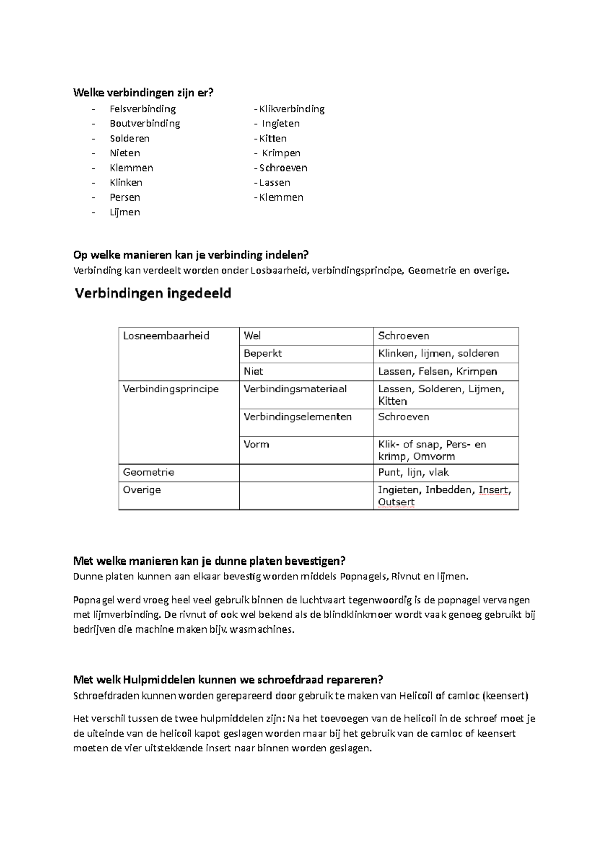 Oefenvragen over Verbindingstechnieken en Materiaaleisen - Studeersnel