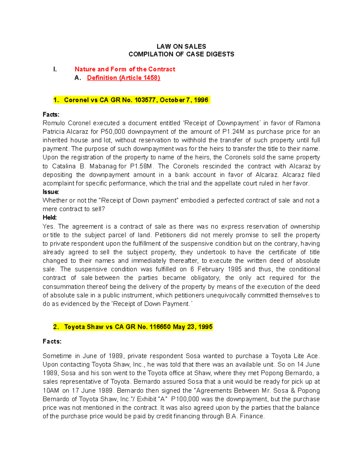 Law on Sales Case Digests 1 79 - LAW ON SALES COMPILATION OF CASE ...