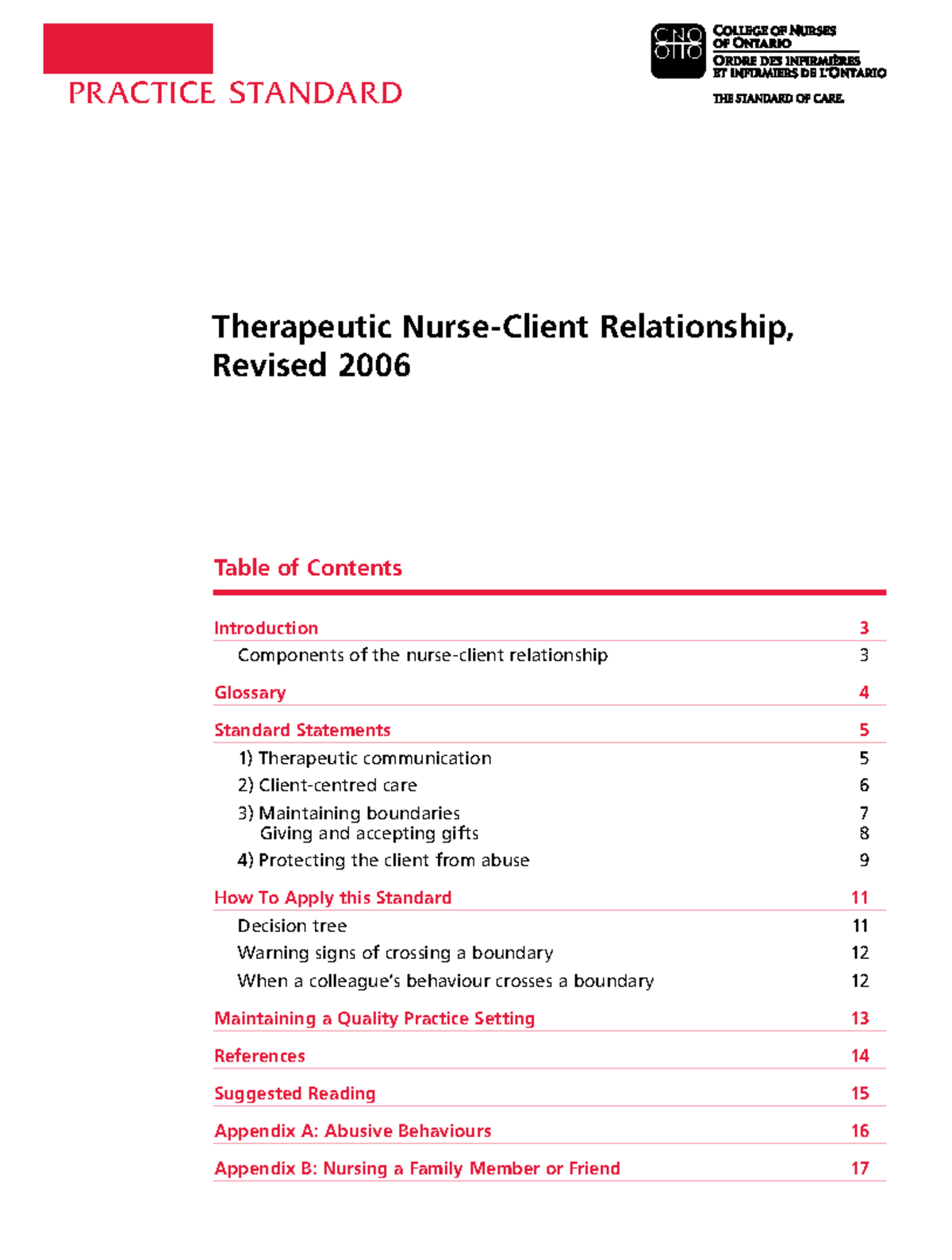 CNO Practice Standard on Therapeutic Nurse-Client Communication - Studocu