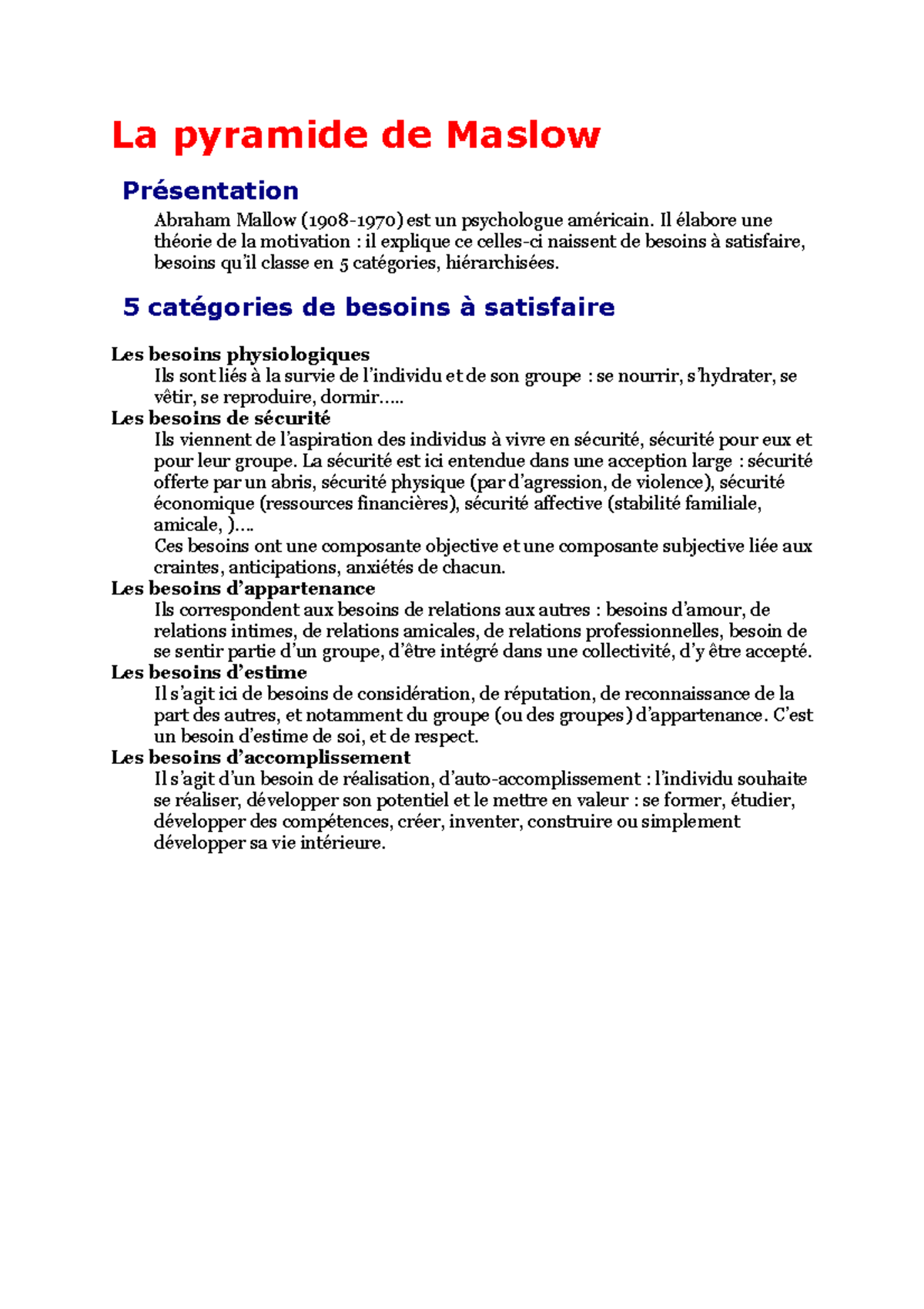 Théorie de la Motivation : La Pyramide de Maslow - Cours Psychologie ...