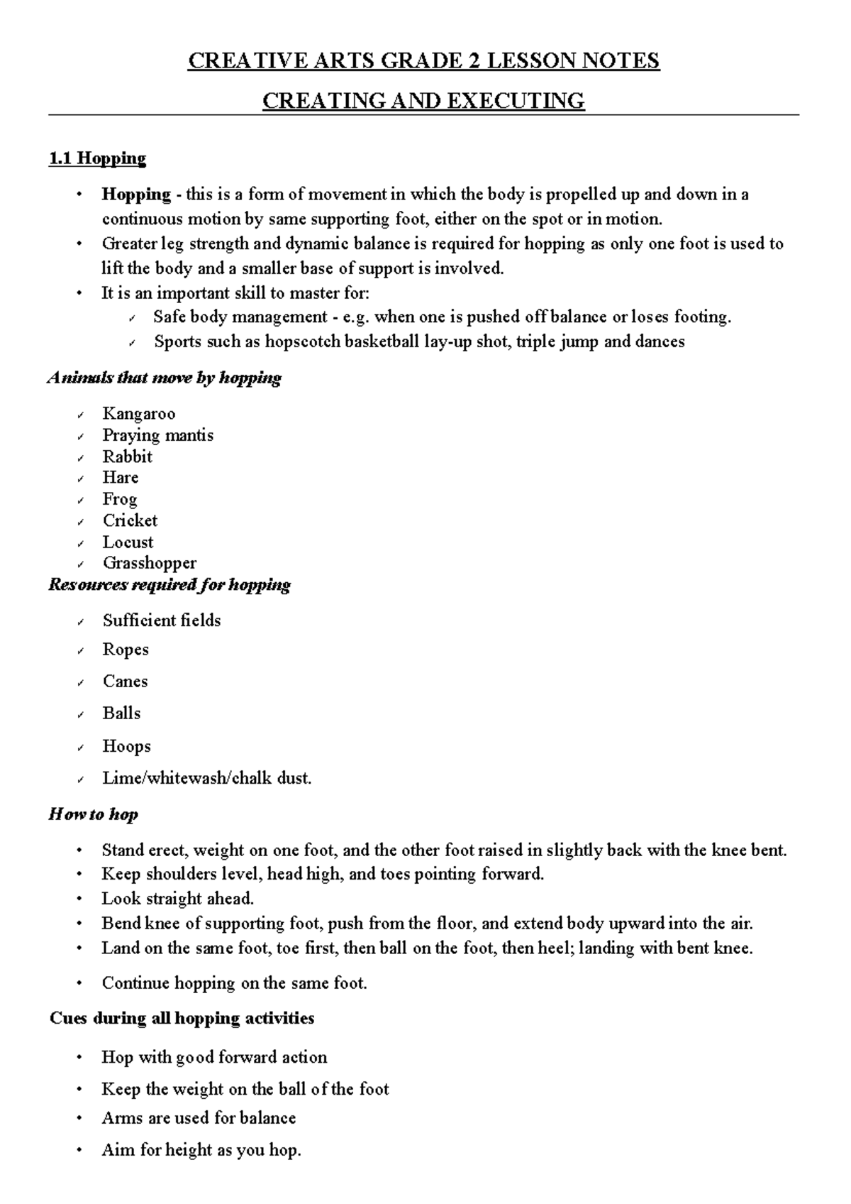 Grade 2 Creative Arts Lesson Notes: Hopping, Textures, and Rhythm - Studocu