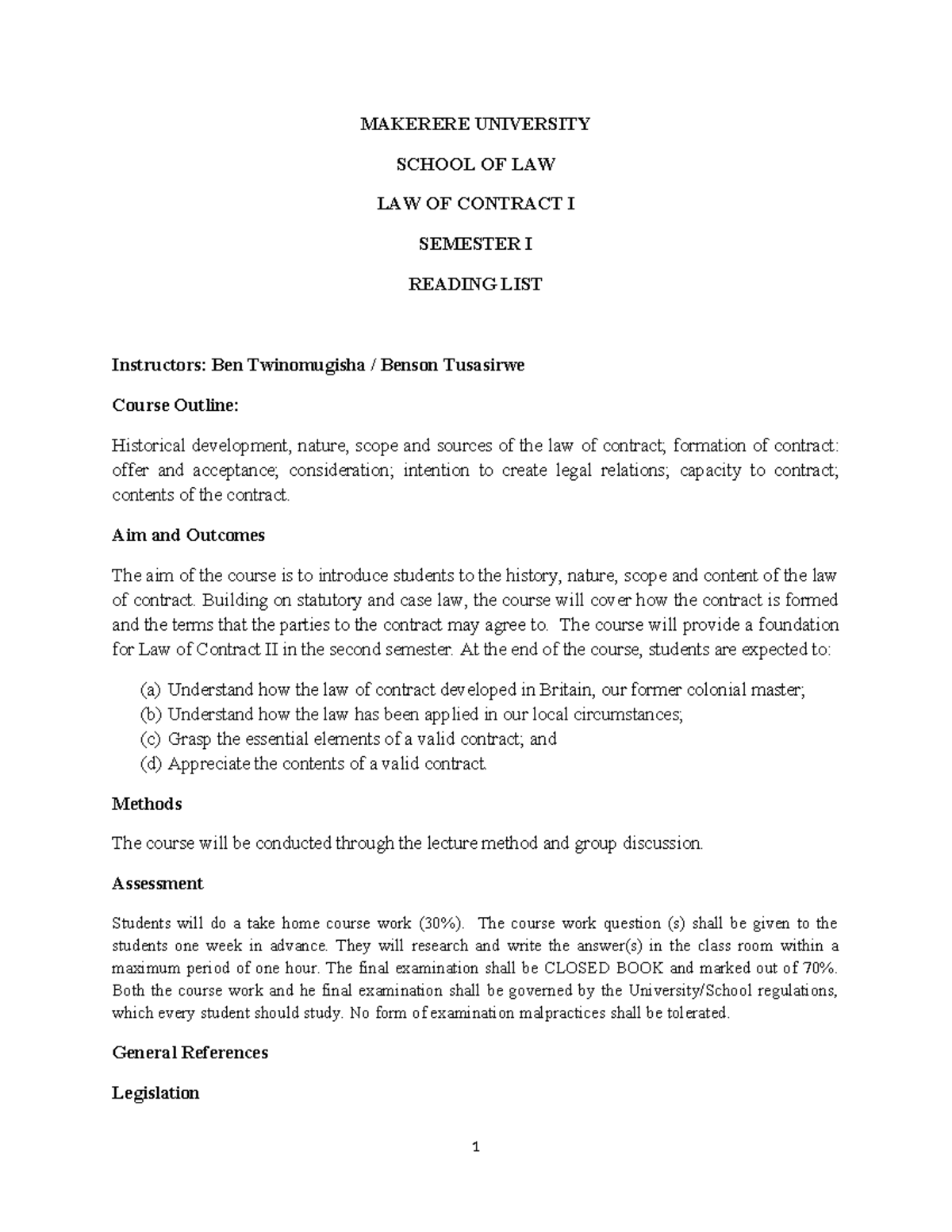 LAW OF CONTRACT I READING LIST - MAKERERE UNIVERSITY - Studocu