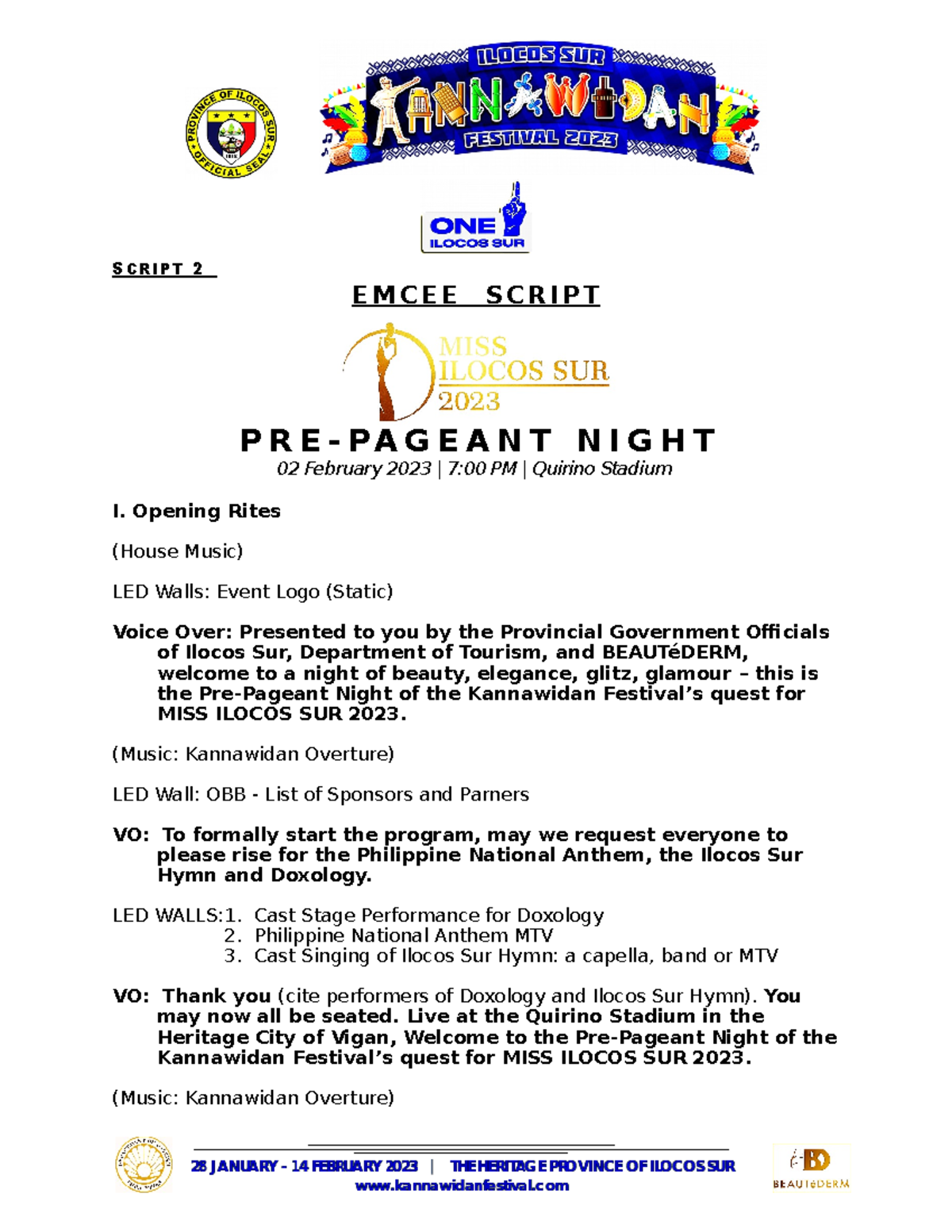 Emcee Script (Miss Ilocos Sur 2023 Pre-Pageant) - SCR I P T 2 E M C E E ...
