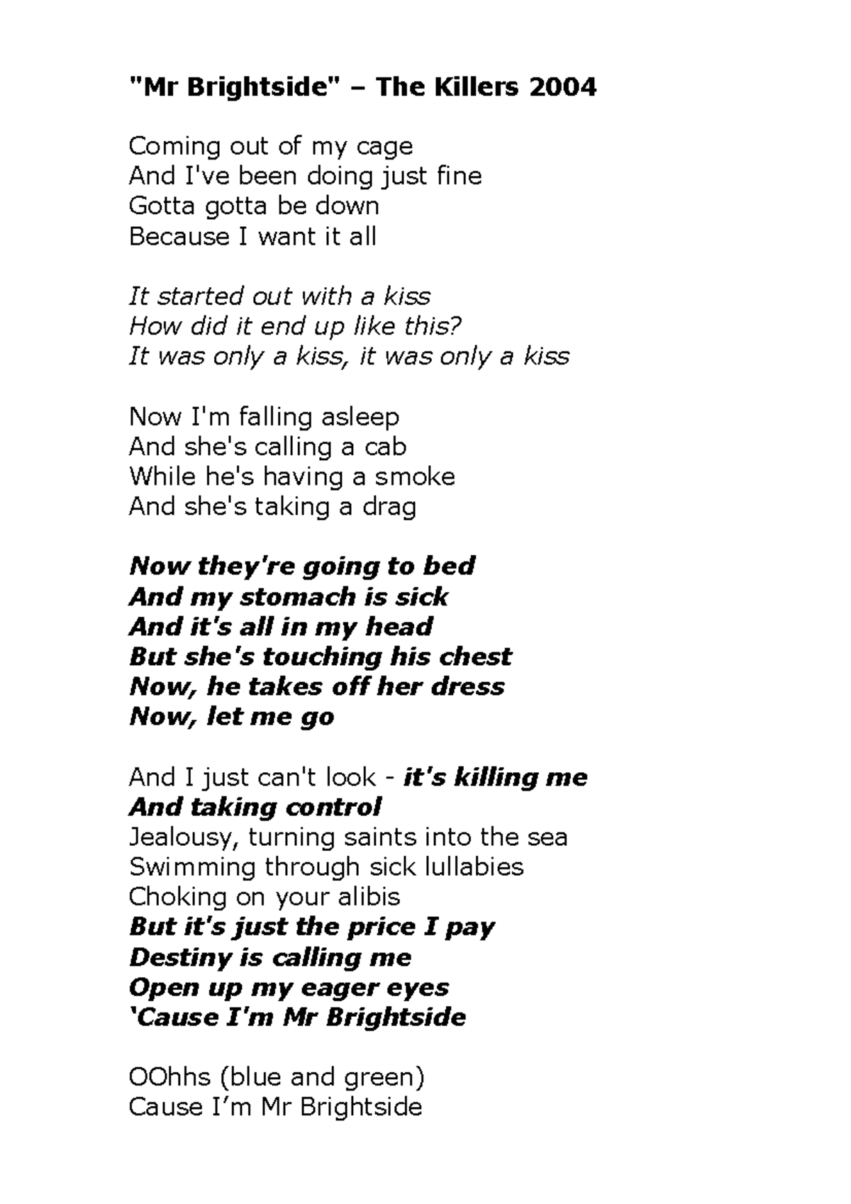 Mr. Brightside Lyrics Analysis - Course Code: aaaa - Studocu