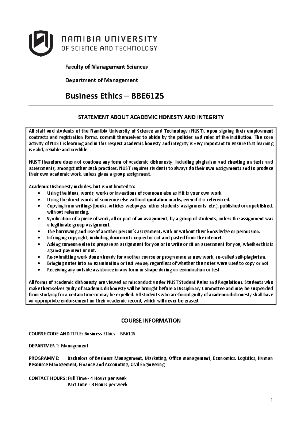 Business Ethics Course Outline - BBE612S (2020 Edition) - Studocu