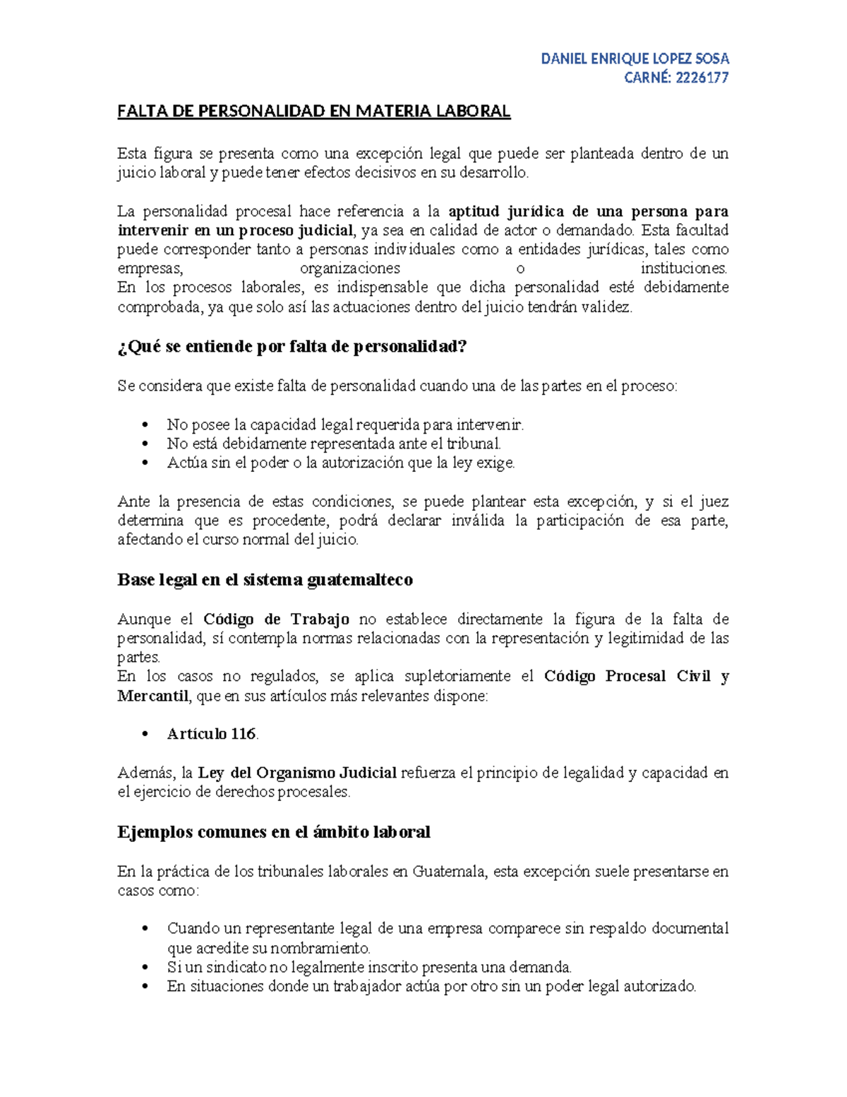 DERECHO PROCESAL LABORAL: Falta de Personalidad en Juicios - Studocu