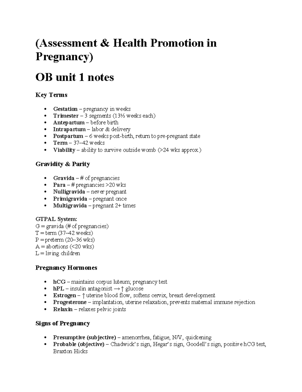 Assessment of Health Promotion in Pregnancy: OB Unit 1 Notes - Studocu