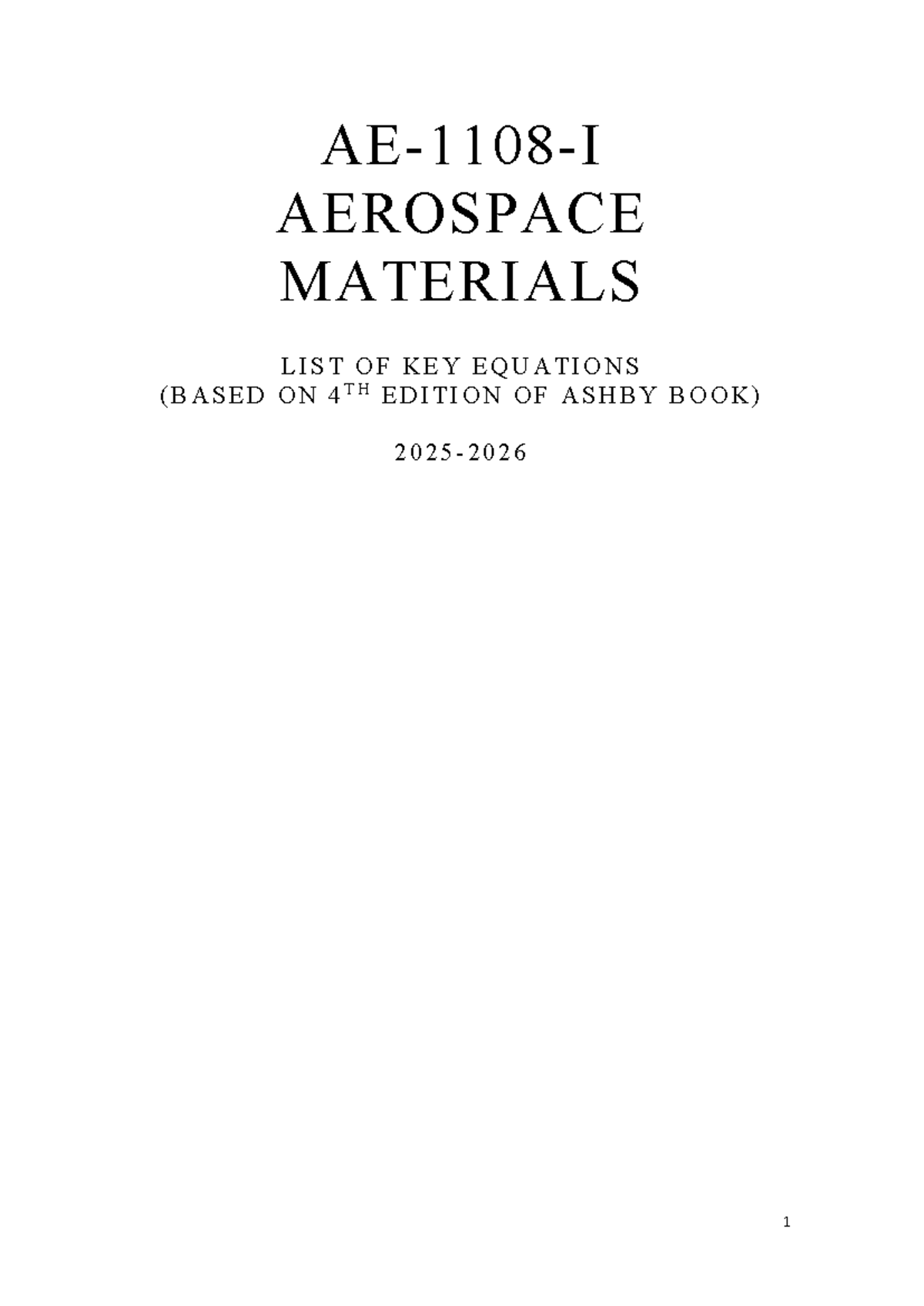 AE-1108-I Aerospace Materials Key Equations and Concepts (2025-2026 ...