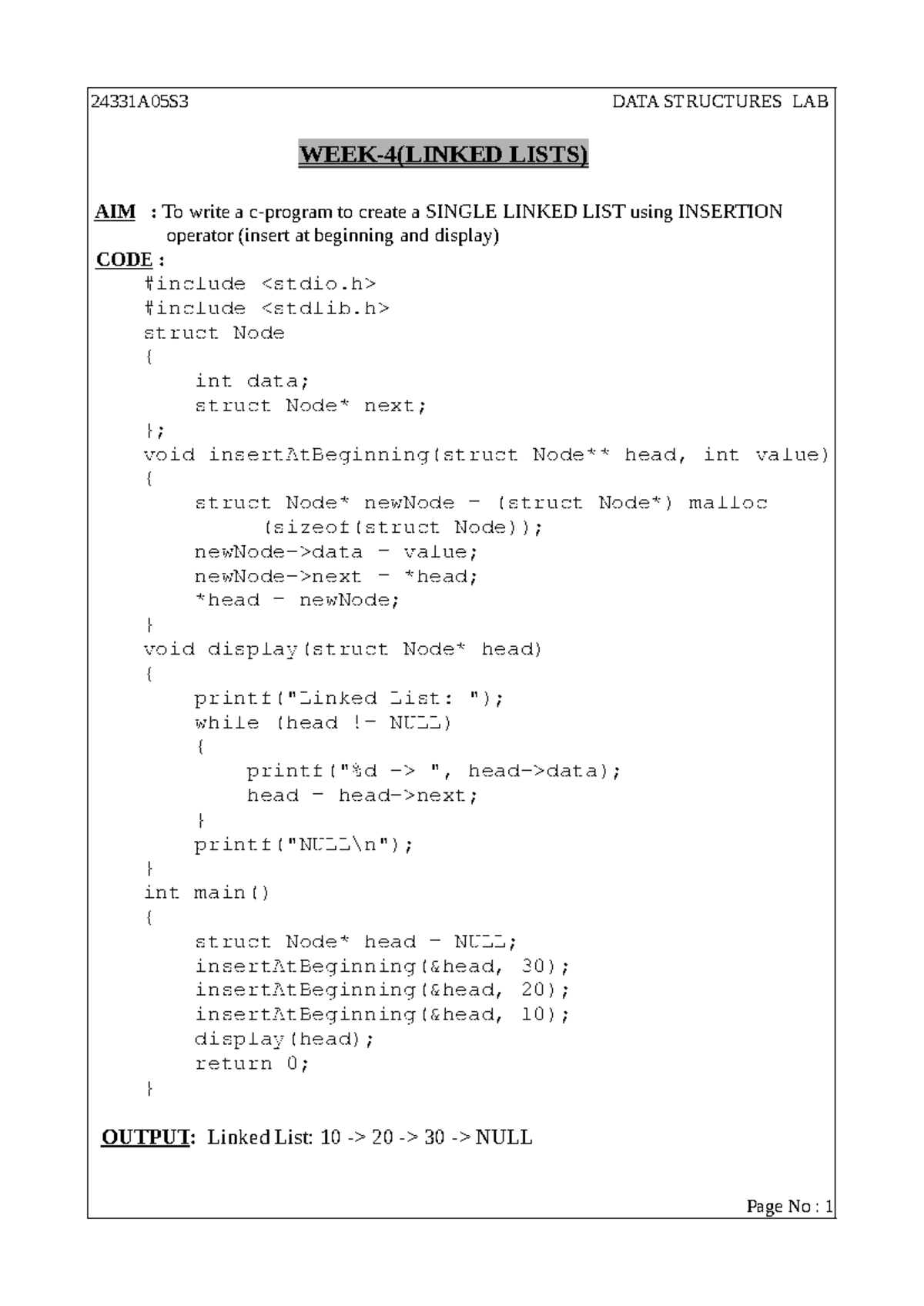 24331A05S3 DATA STRUCTURES LAB: Single Linked List Operations - Studocu