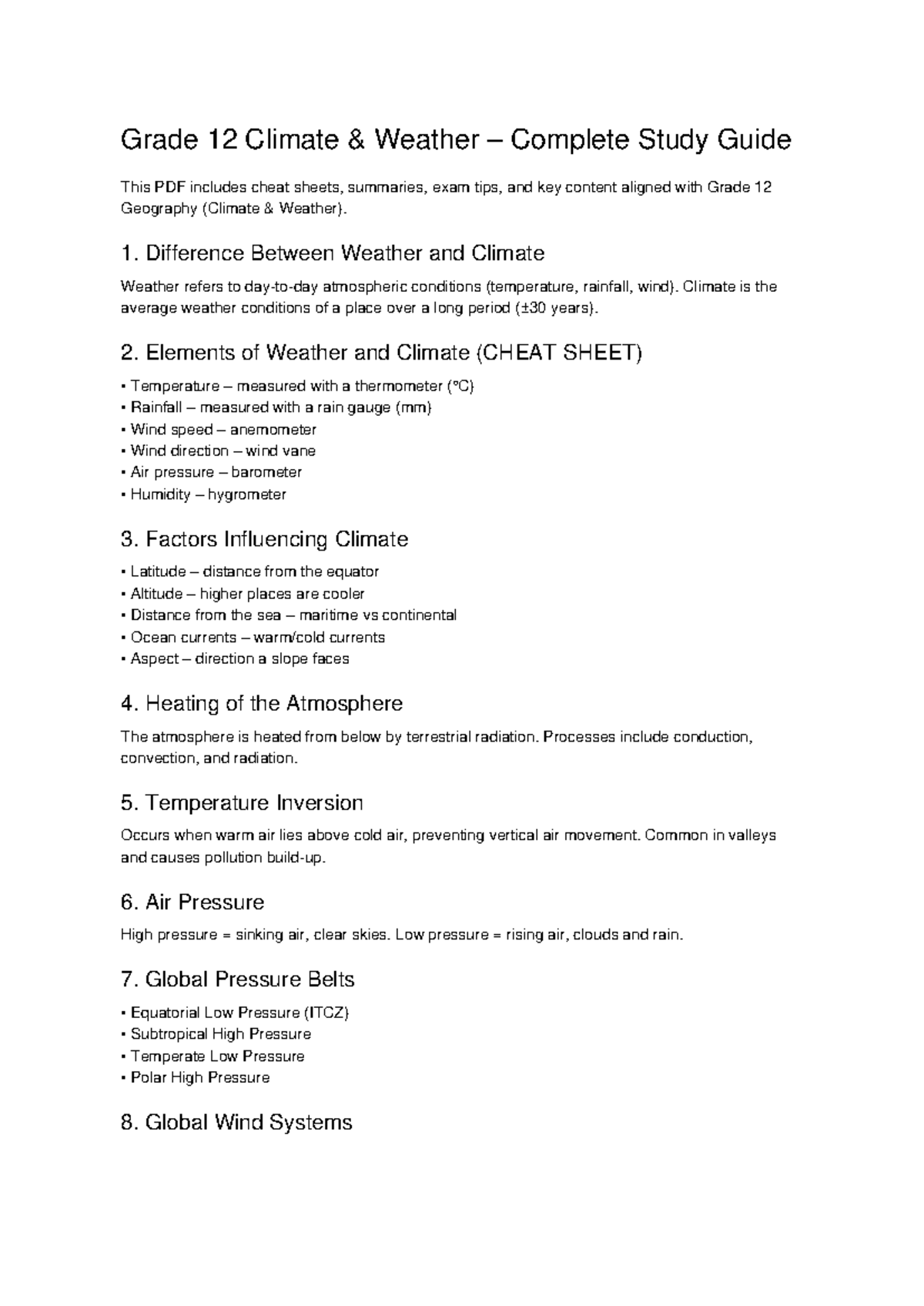 Grade 12 Geography Climate & Weather Complete Study Guide - Studocu