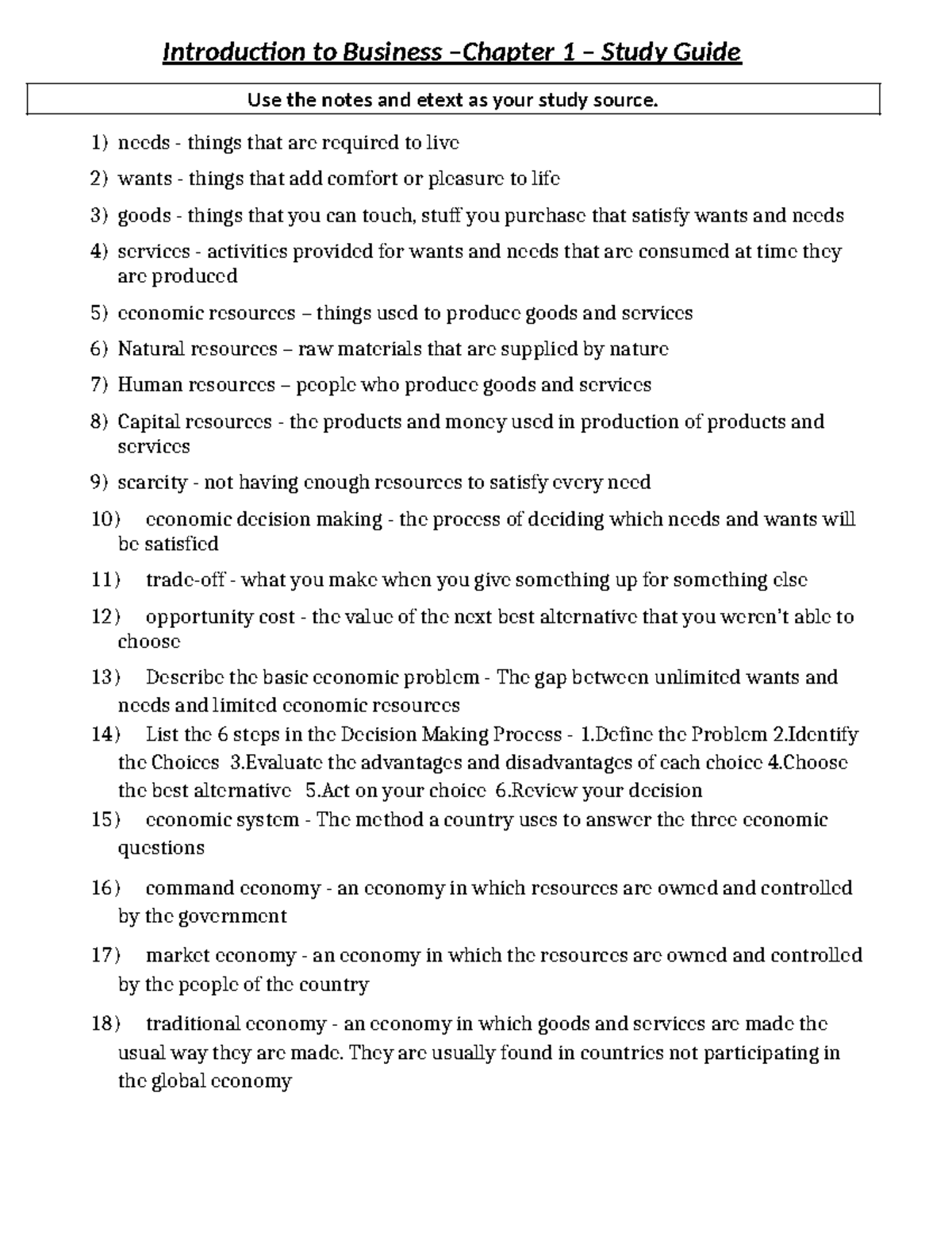 Introduction to Business Ch 1 Study Guide: Key Concepts & Terms - Studocu