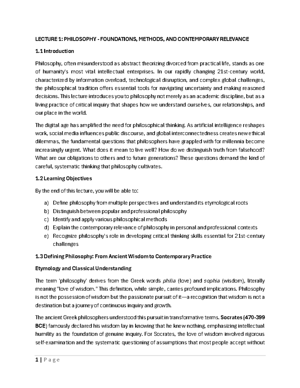 LECTURE 1 & 2: PHILOSOPHY AND CRITICAL THINKING FOUNDATIONS - Studocu