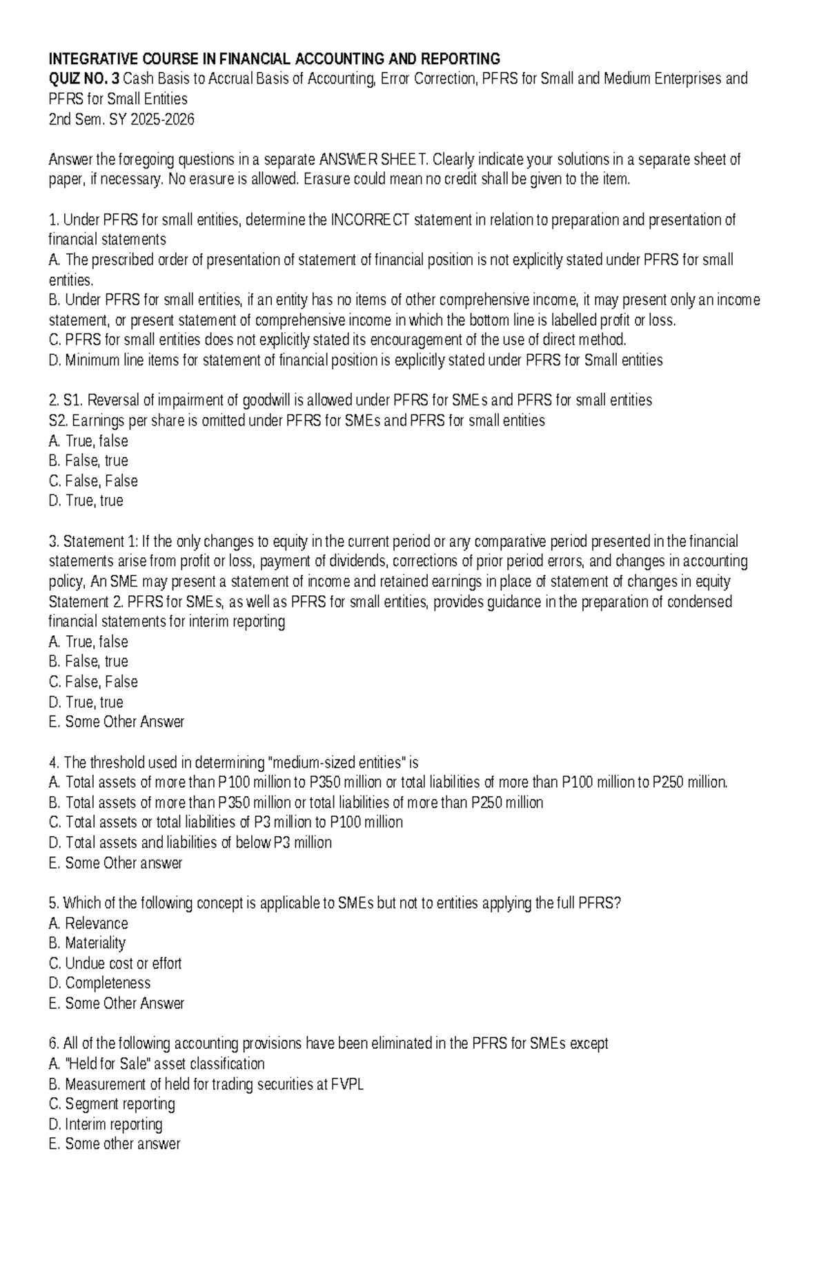 IC-FAR-Q3 - Quiz on Cash Basis, Accrual Basis, and PFRS for SMEs - Studocu
