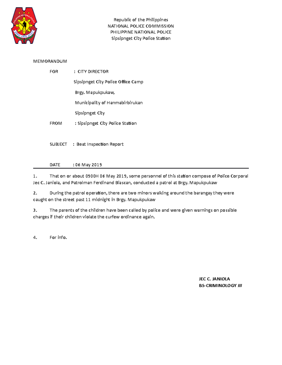 BS-CRIMINOLOGY III Beat Inspection Report - Sipsipnget City Police ...