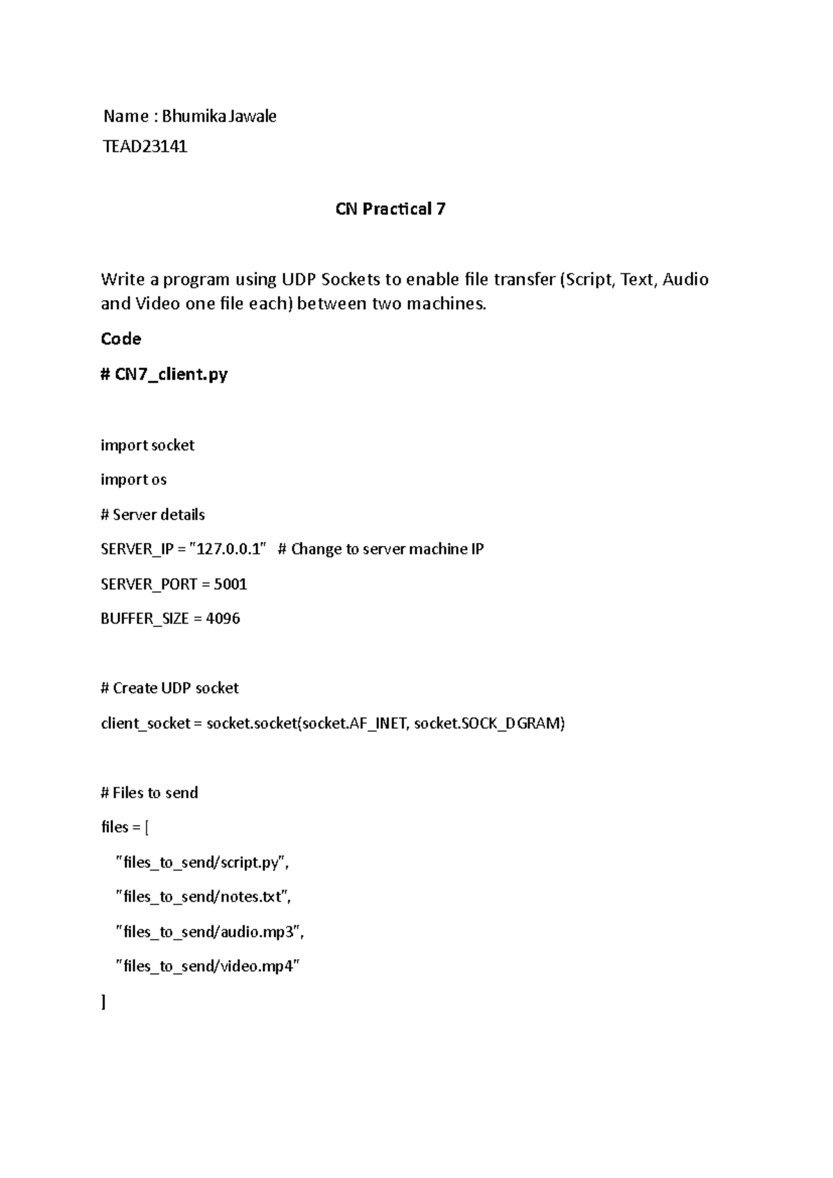 CN23141 - Practical 7: UDP Sockets for File Transfer - Studocu