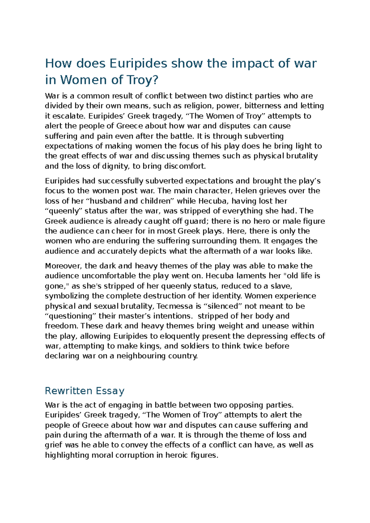 Euripides' Women of Troy: The Impact of War on Women - Studocu
