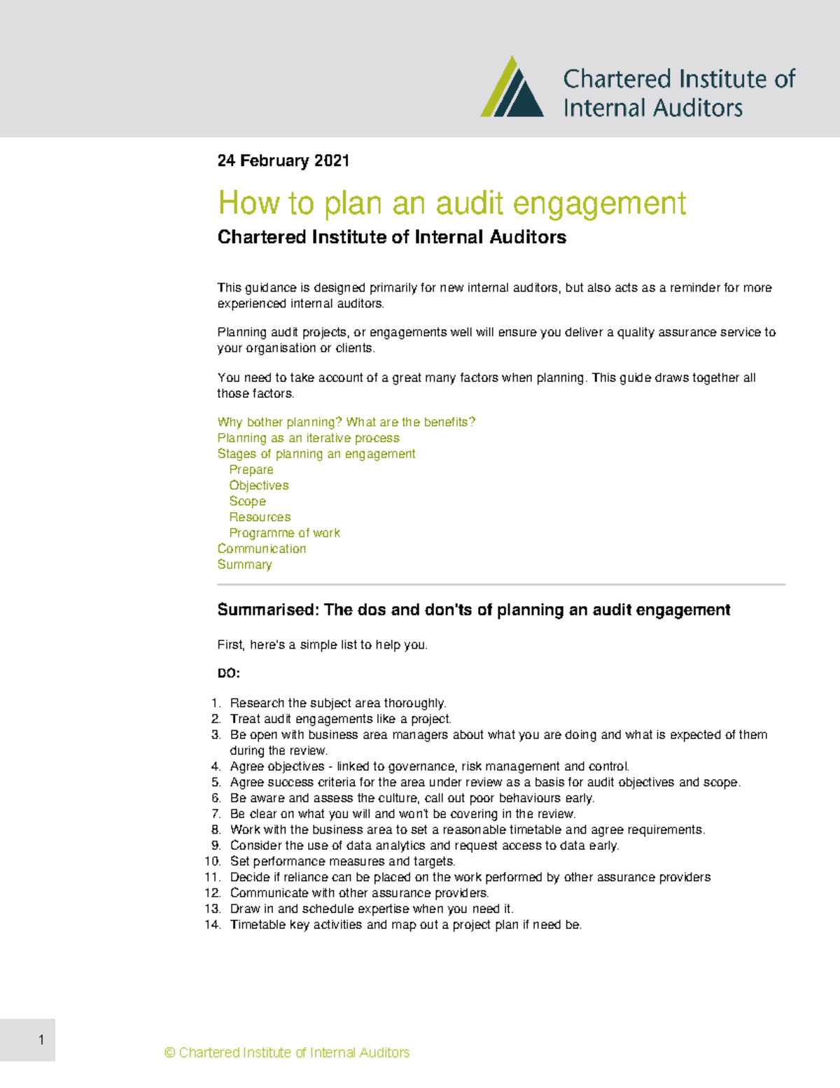 Planning Audit Engagements: A Guide for Internal Auditors - Studocu