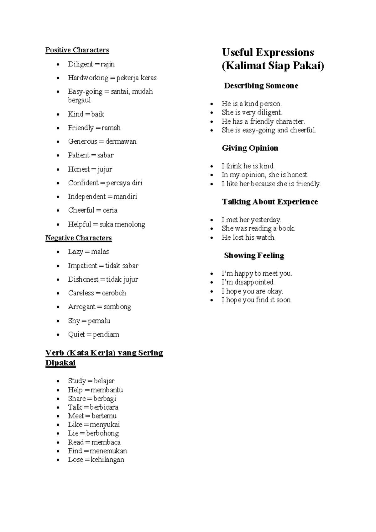 Vocabulary List for 4th Meeting: Positive & Negative Traits - Studocu
