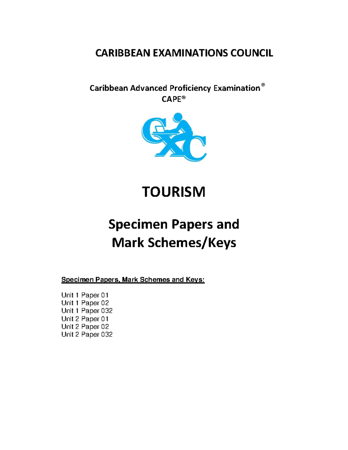 CAPE Tourism Specimen Papers & Mark Schemes (2021) - Test Codes ...