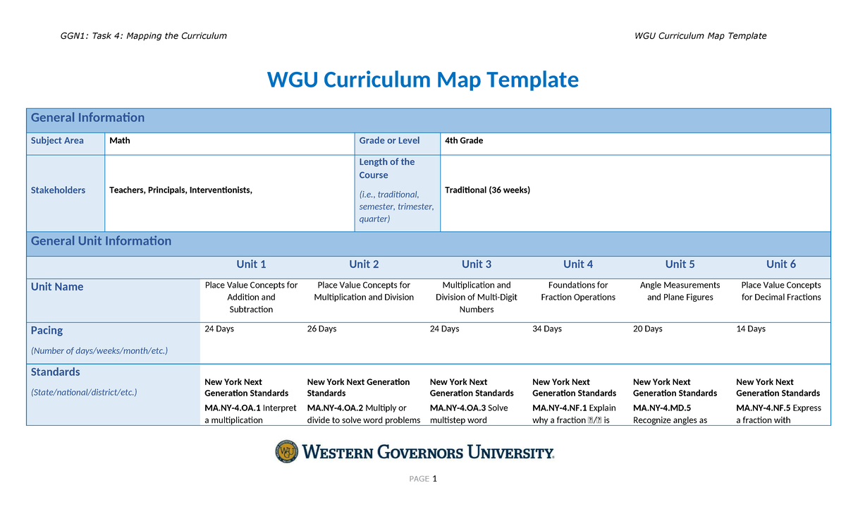 D630 - Task 4 - WGU Curriculum Map for 4th Grade Math - Studocu