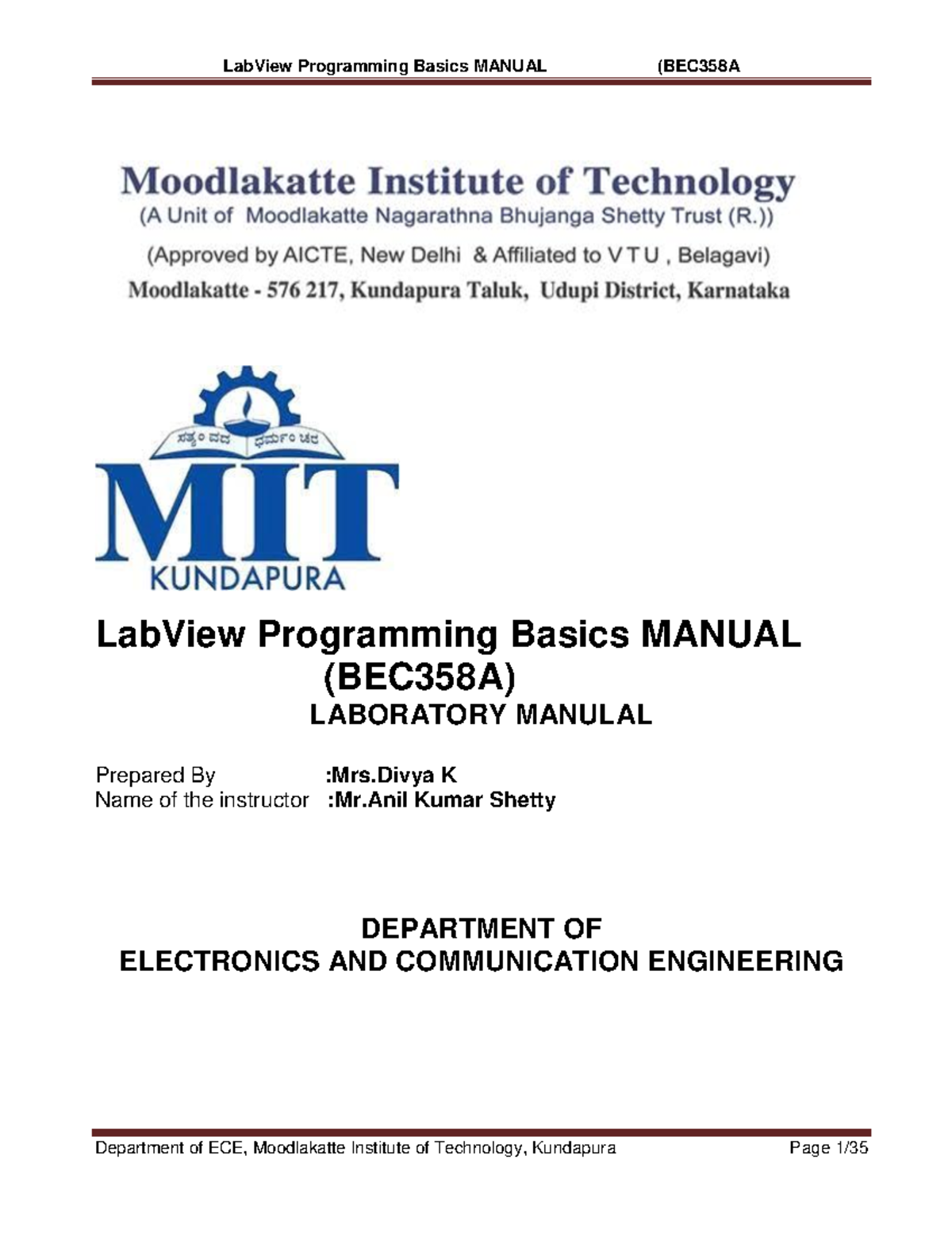 BEC358A Lab Manual: Exploring LabView Programming Basics - Studocu