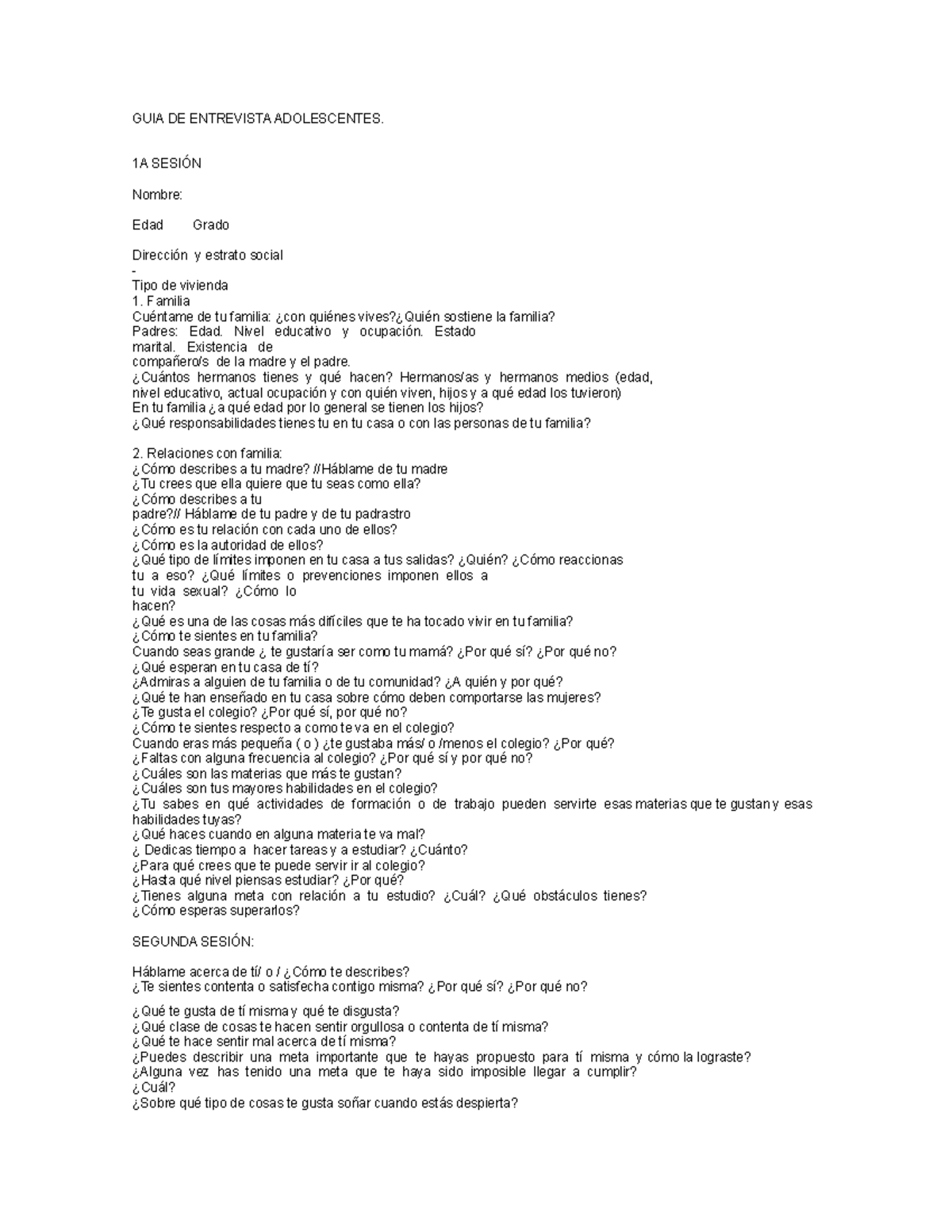 GUIA DE Entrevista Adolescentes - GUIA DE ENTREVISTA ADOLESCENTES. 1A ...