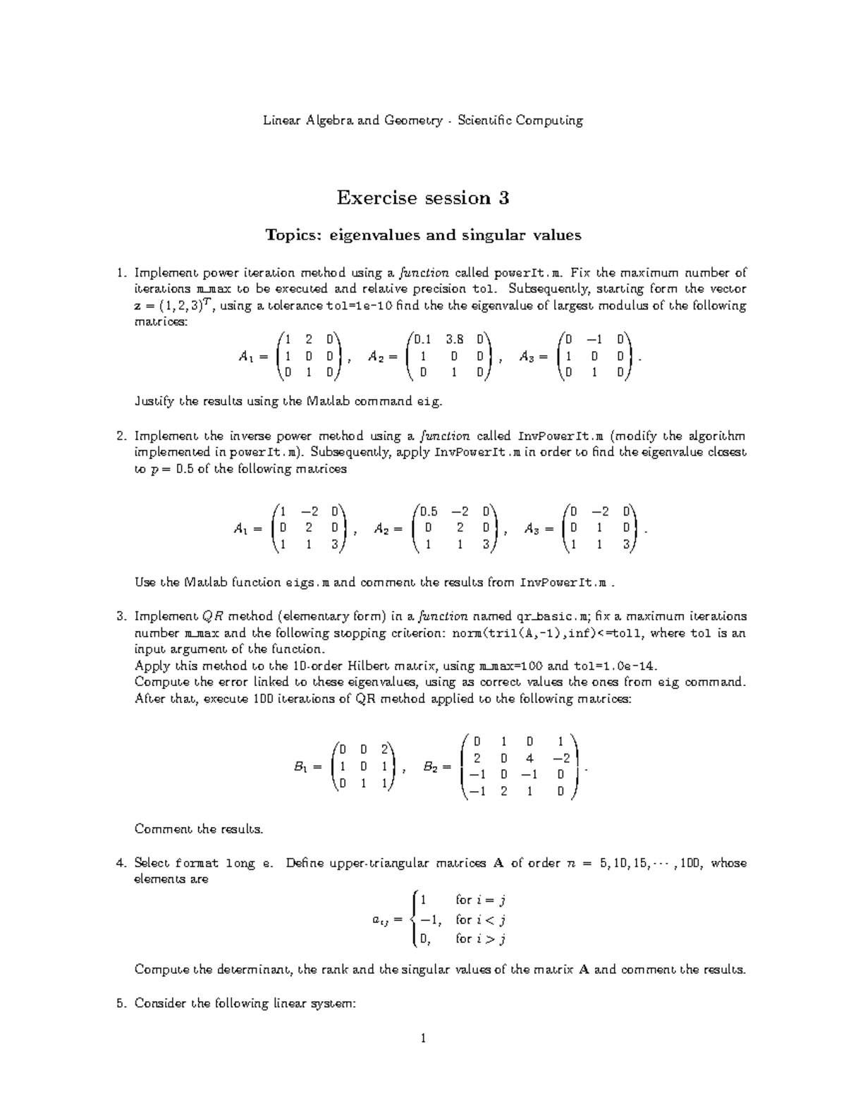 Numerical Analysis Exercise Session 3: Eigenvalues & Singular Values ...